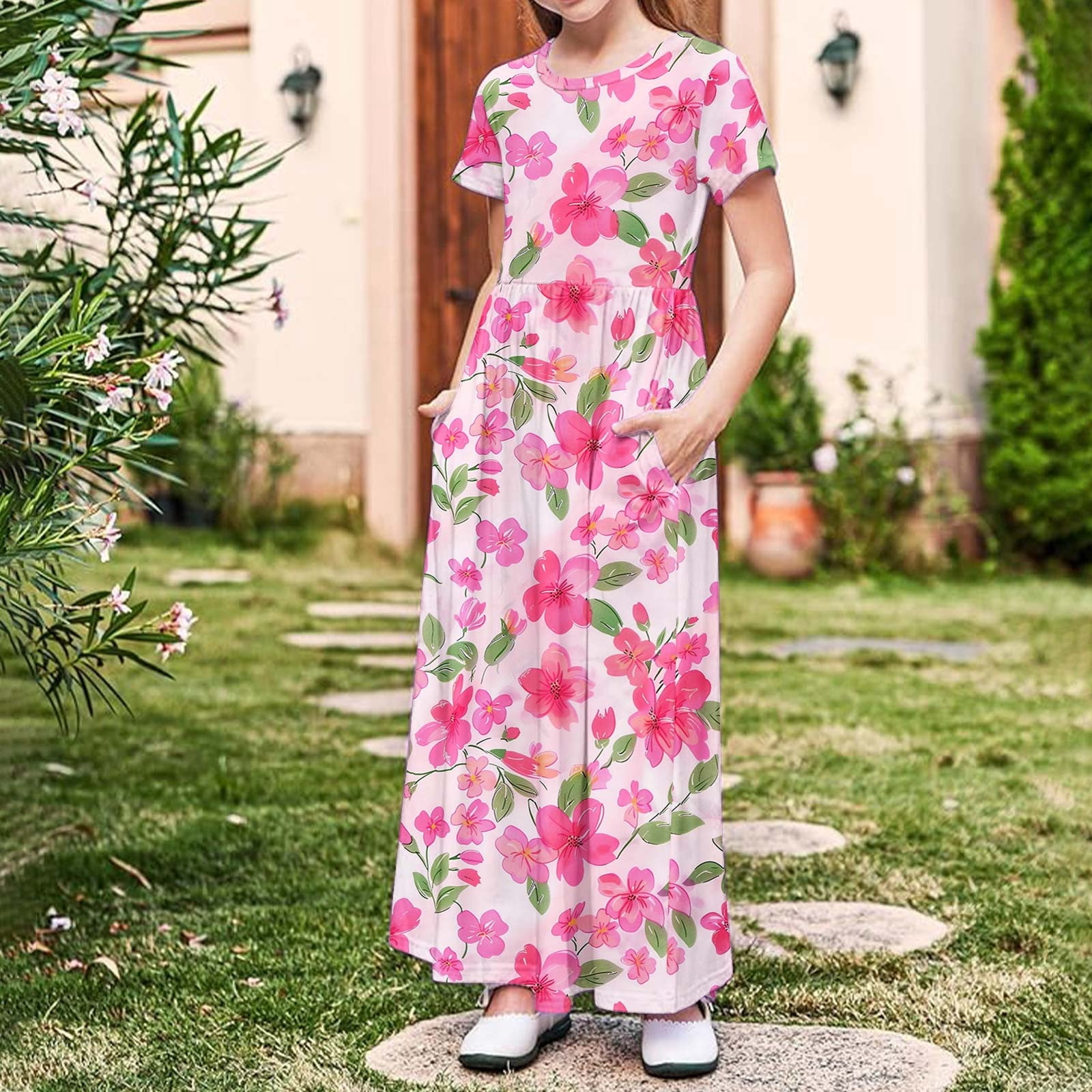 Babcutegg Cute Floral Print Short Sleeve A-Line Dress With Functional ...