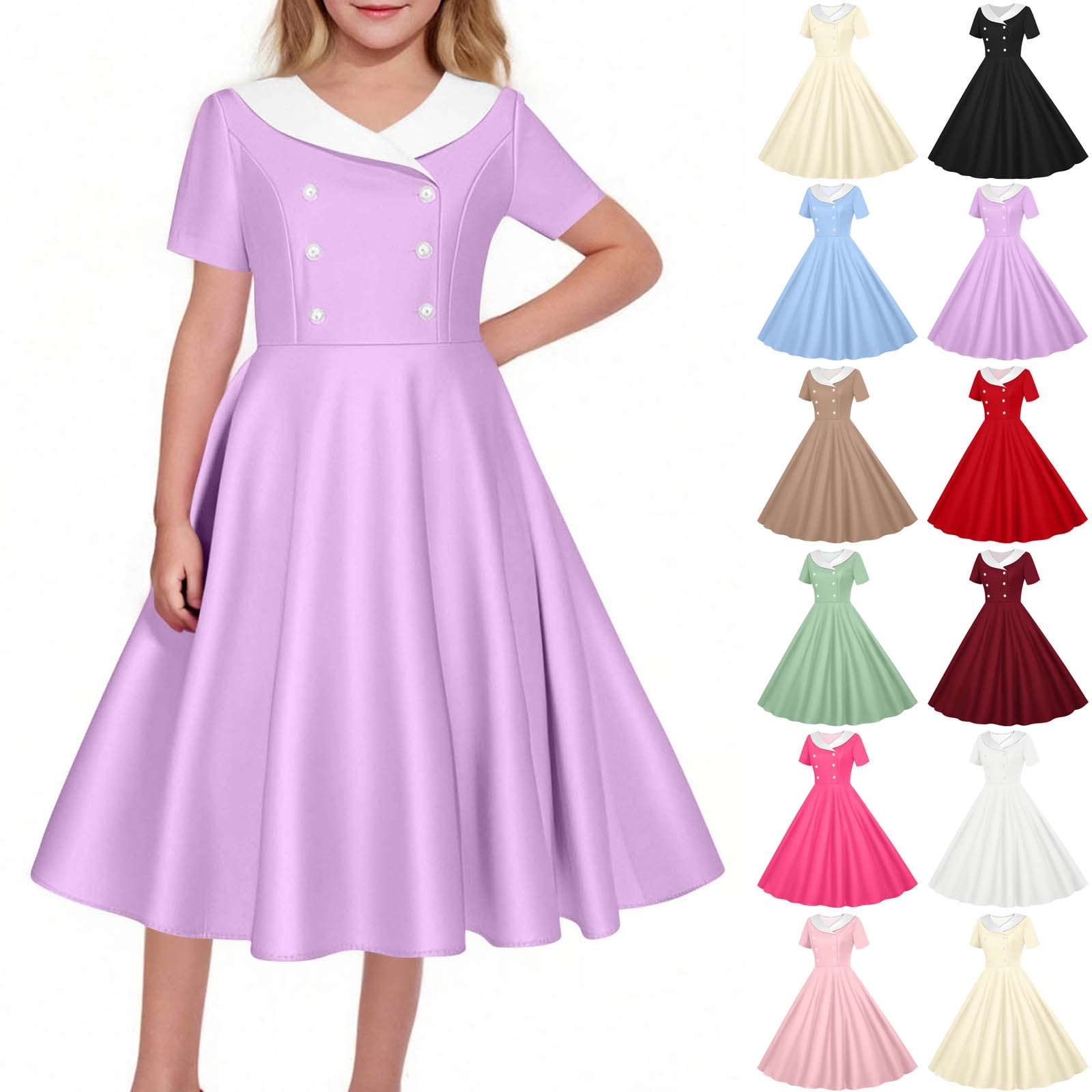 Babcutegg Elegant A-Line Short Sleeve Dress With Turn-Down Collar ...