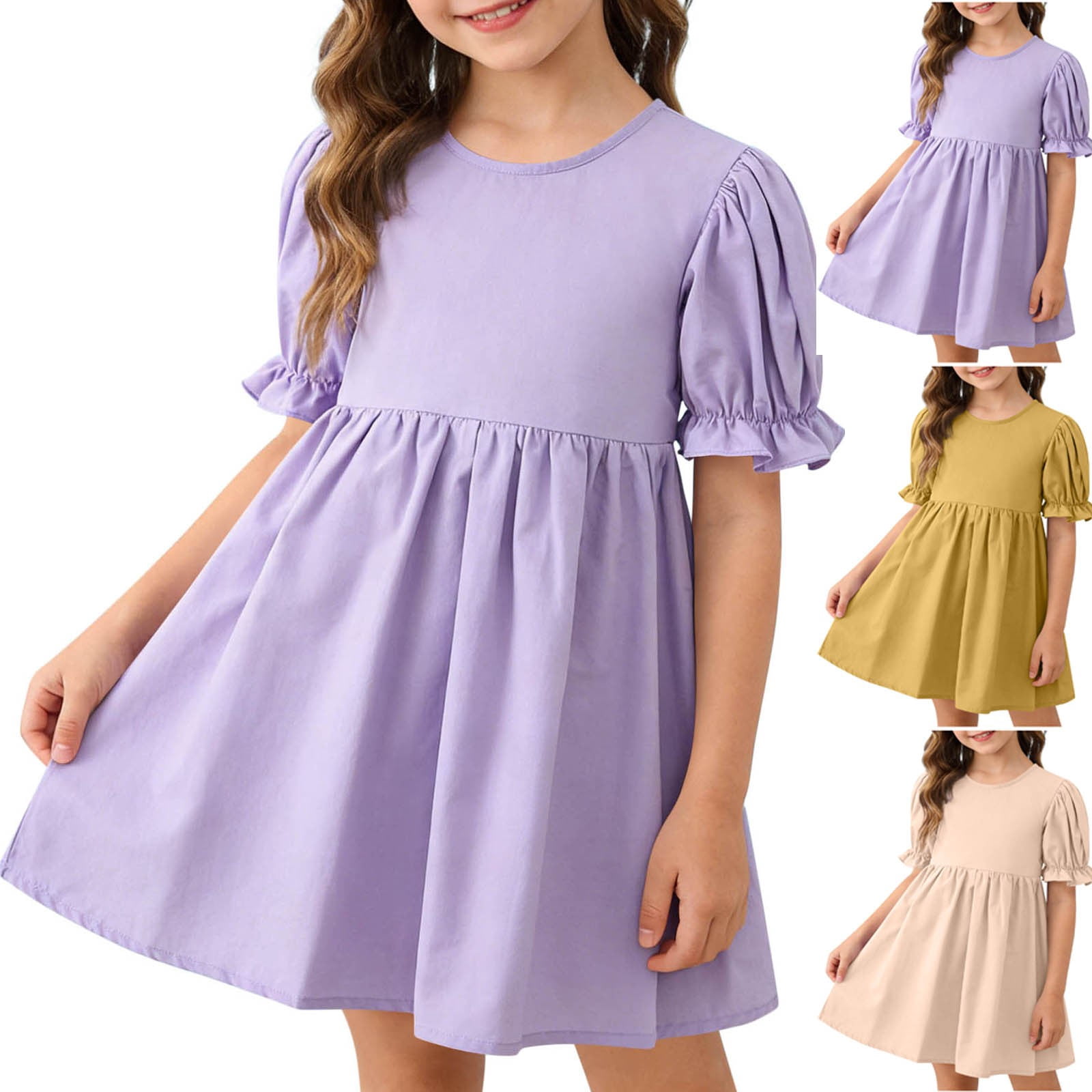 Babcutegg Elegant Pleated Summer Dress With Puff Sleeves, Solid Color ...