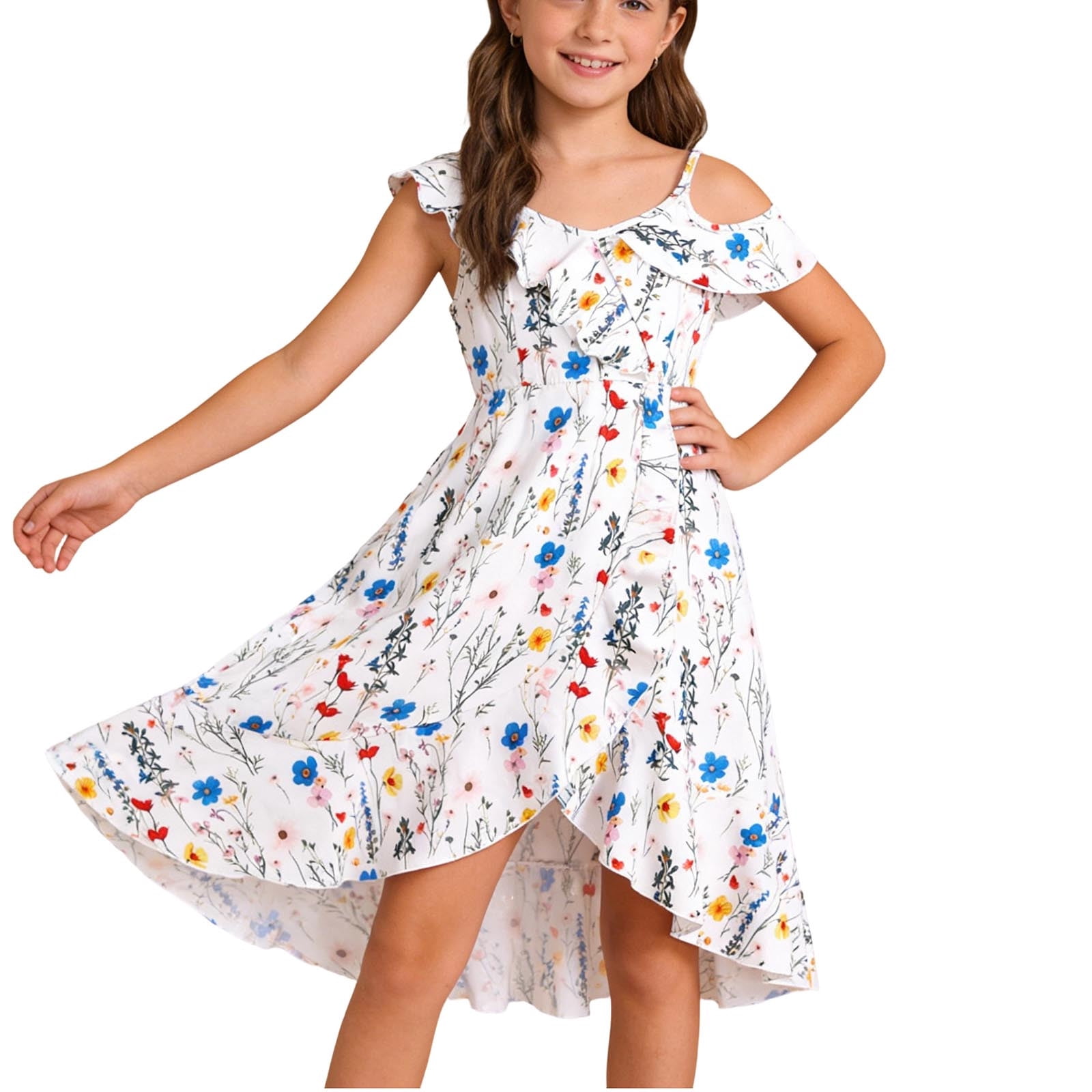 Babcutegg Elegant Ruffled Bow Waist-Cinching Asymmetrical Print Dress ...