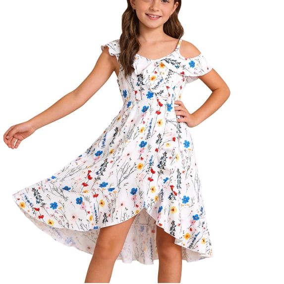 Babcutegg Elegant Ruffled Bow Waist-Cinching Asymmetrical Print Dress ...