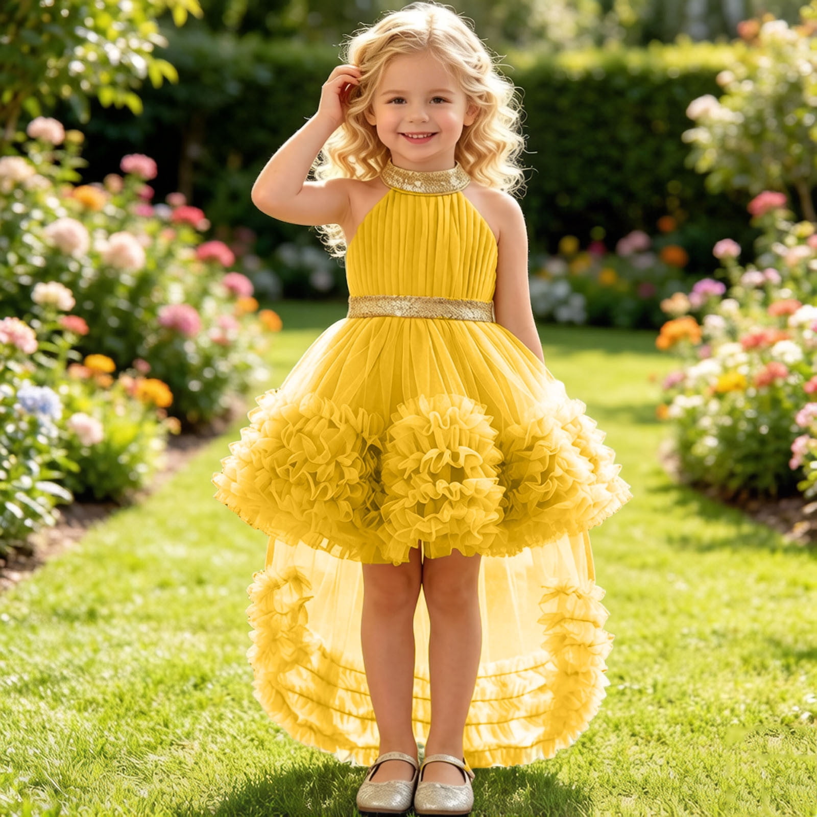 Babcutegg Elegant Sleeveless Mesh Tiered Party Dress With Ruffled Hem ...