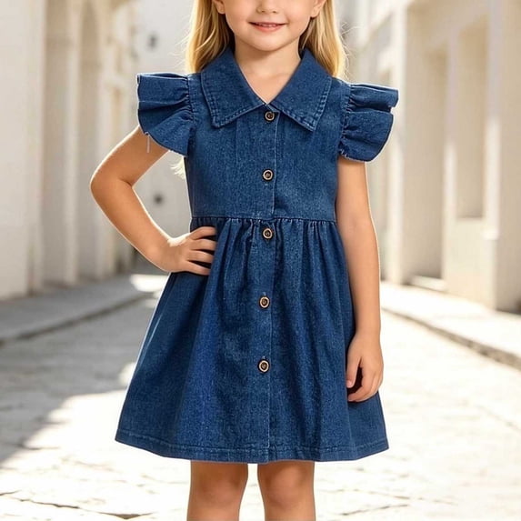 Babcutegg Girls Denim Dress With Ruffled Short Sleeves, Button-Front ...