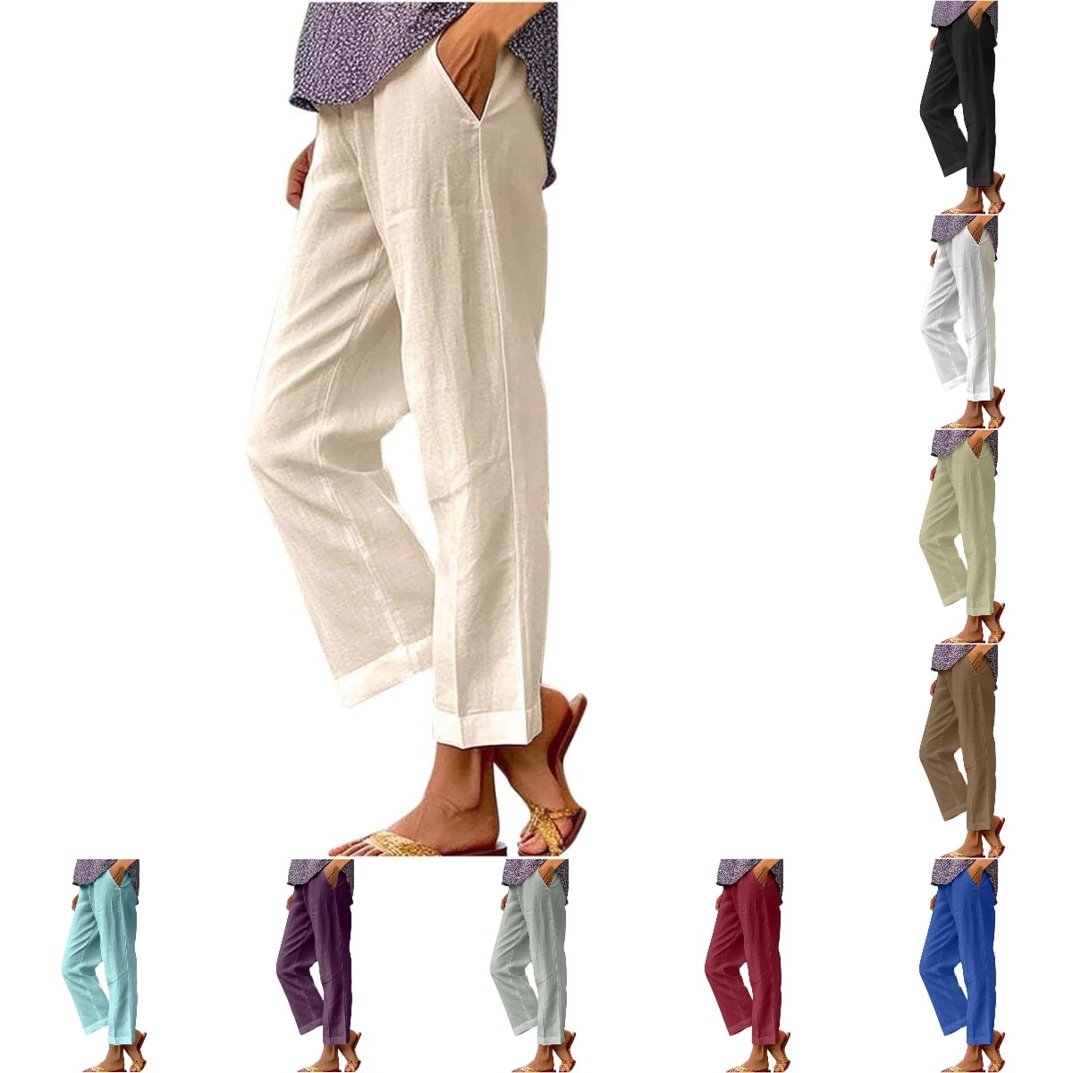 Babcutegg Pants for Women Elastic Waist Graceful Soild Color Linen ...