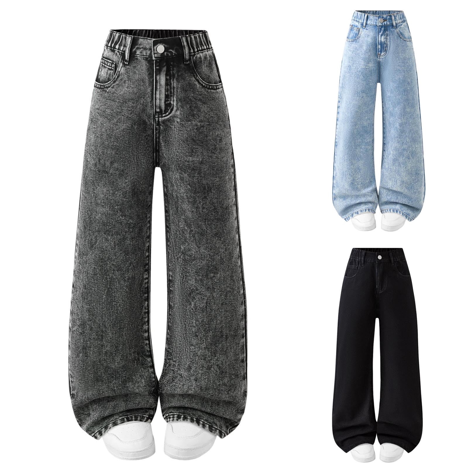 Babcutegg Women's High-Waisted Wide-Leg Denim Pants Solid-Color Stretch ...