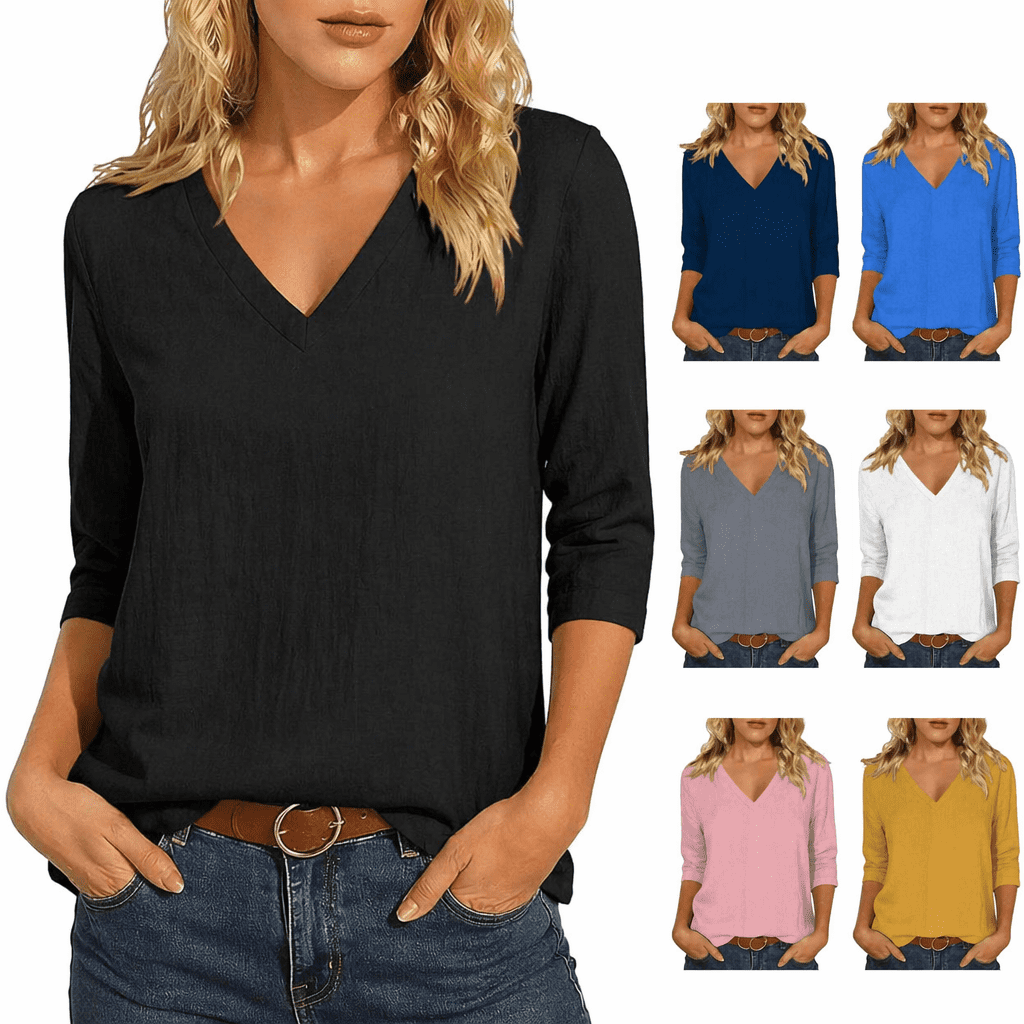 Babcutegg Women's V Neck 3/4 Sleeve Blouse, Casual Solid Color Cotton ...