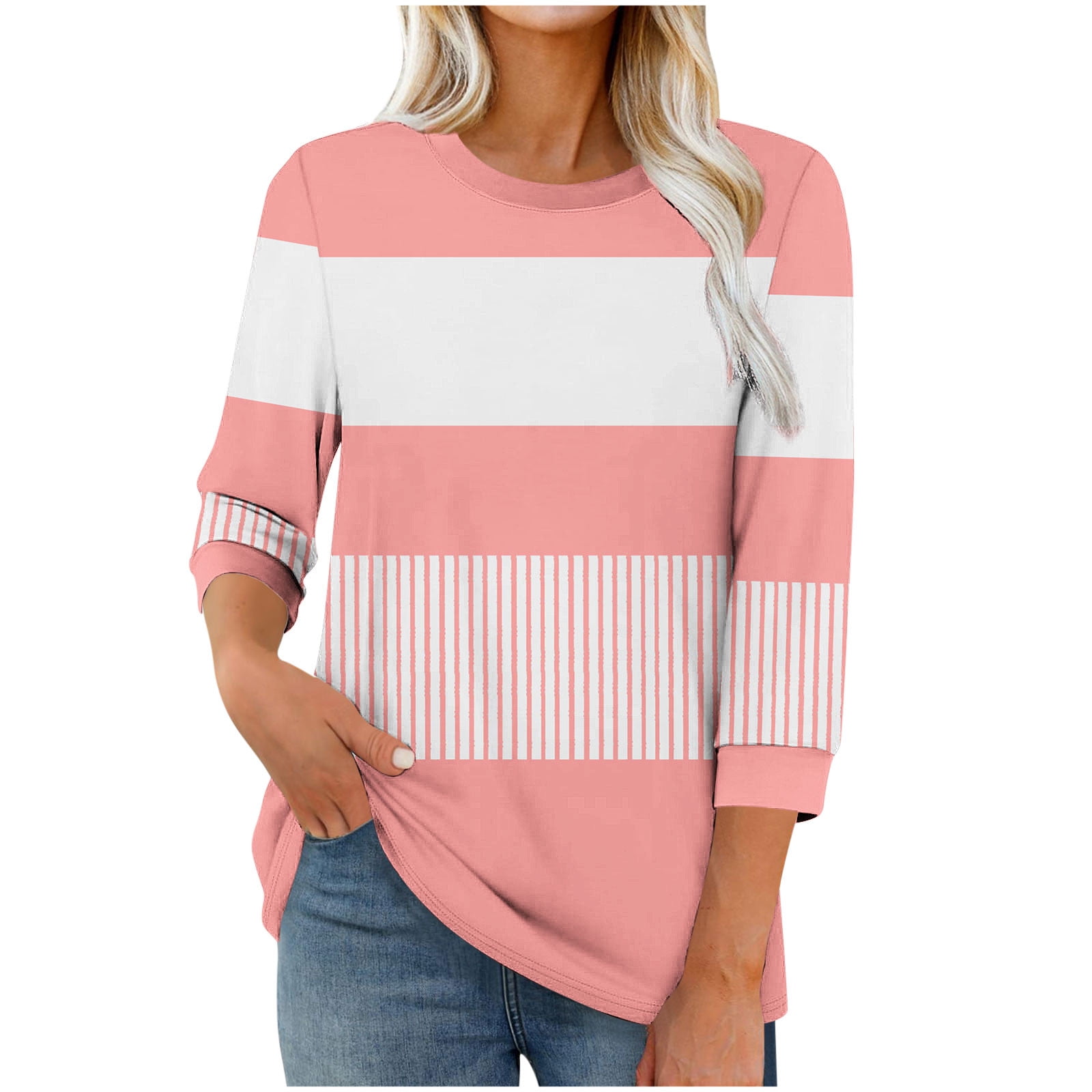 Babcutegg Womens Blouses 3/4 Sleeve Crew Neck Colors Block Women's ...