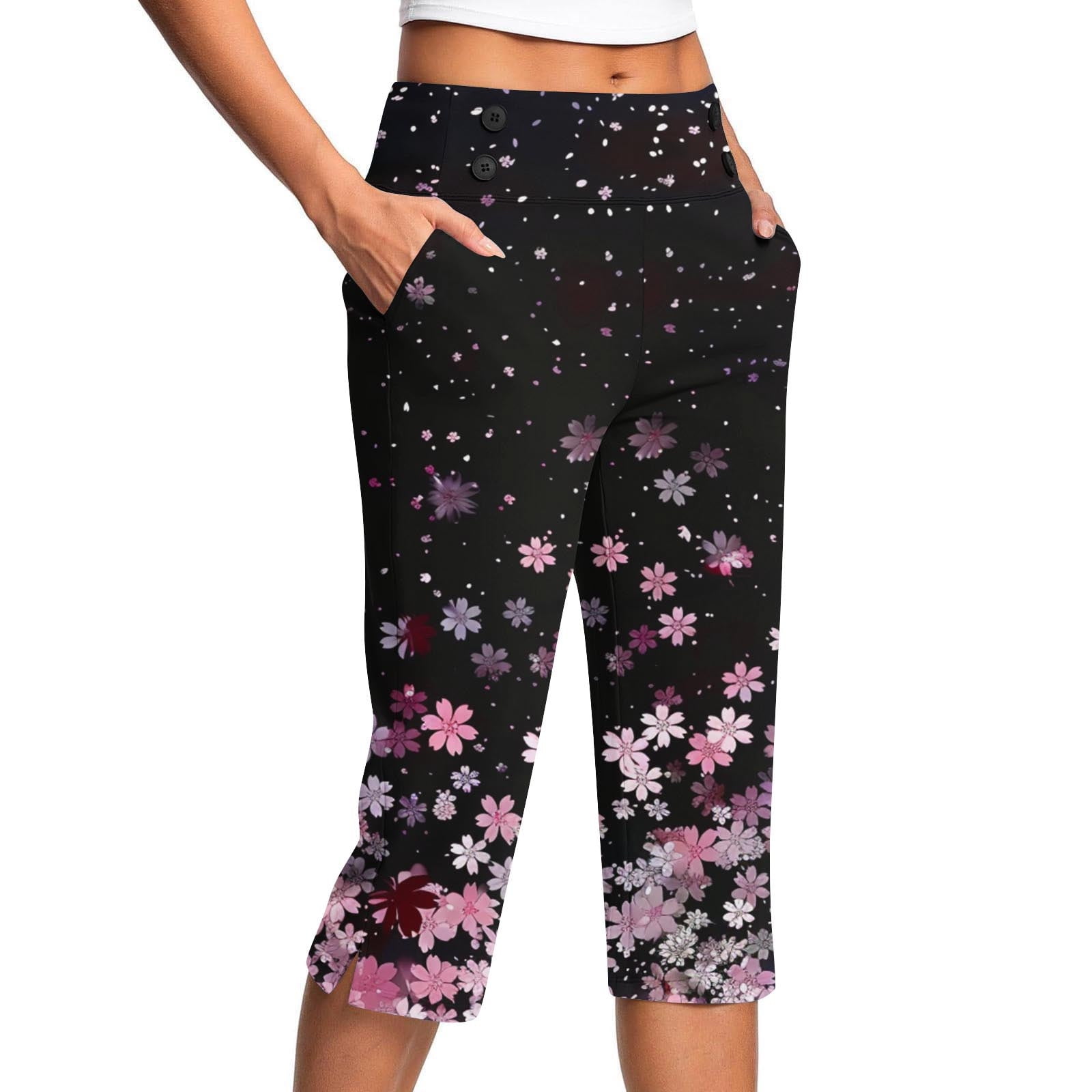 Babcutegg Womens Capri Pants Floral Print Side Pockets High Waist ...