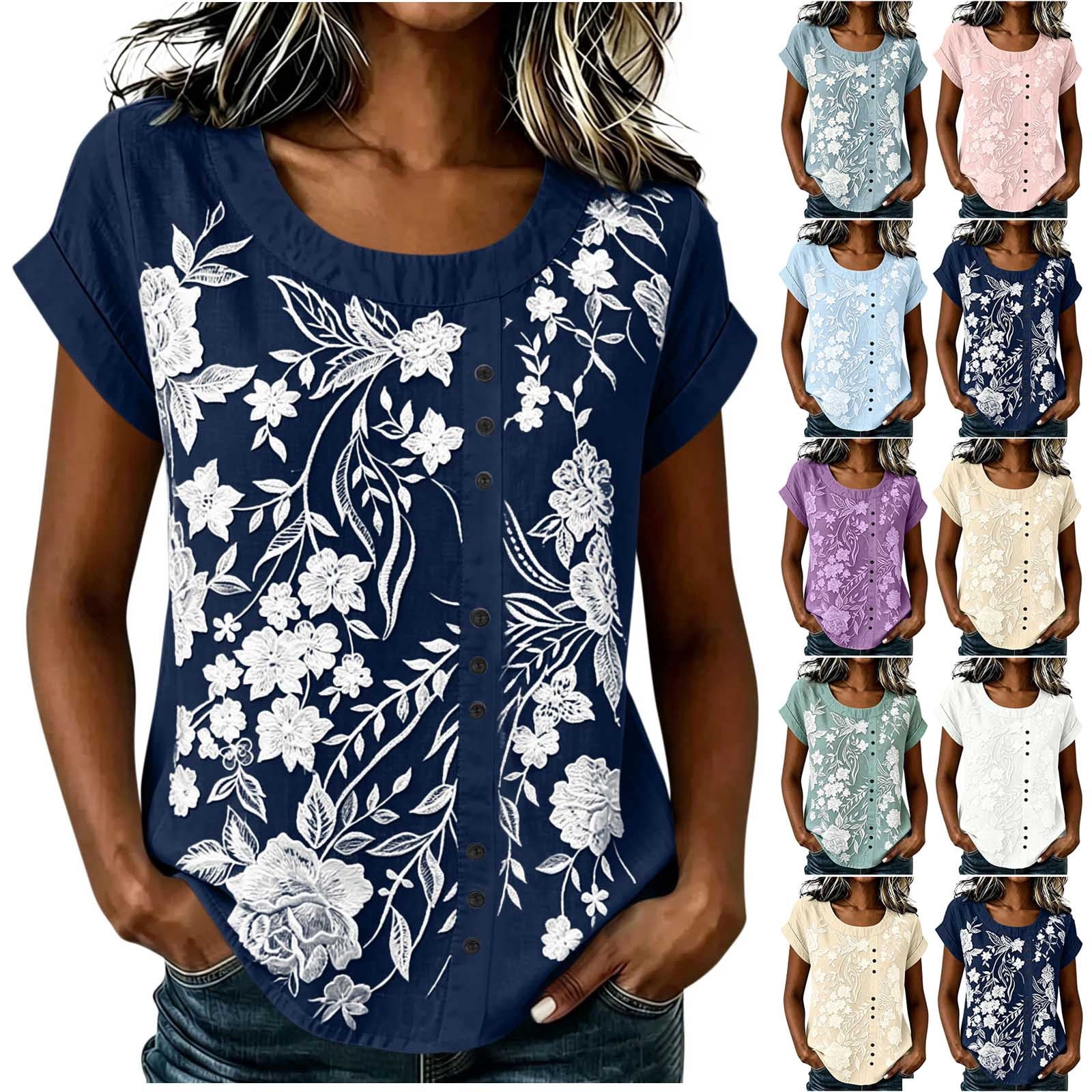 Babcutegg Womens Crew Neck Blouses Floral Print Short Sleeve Button ...