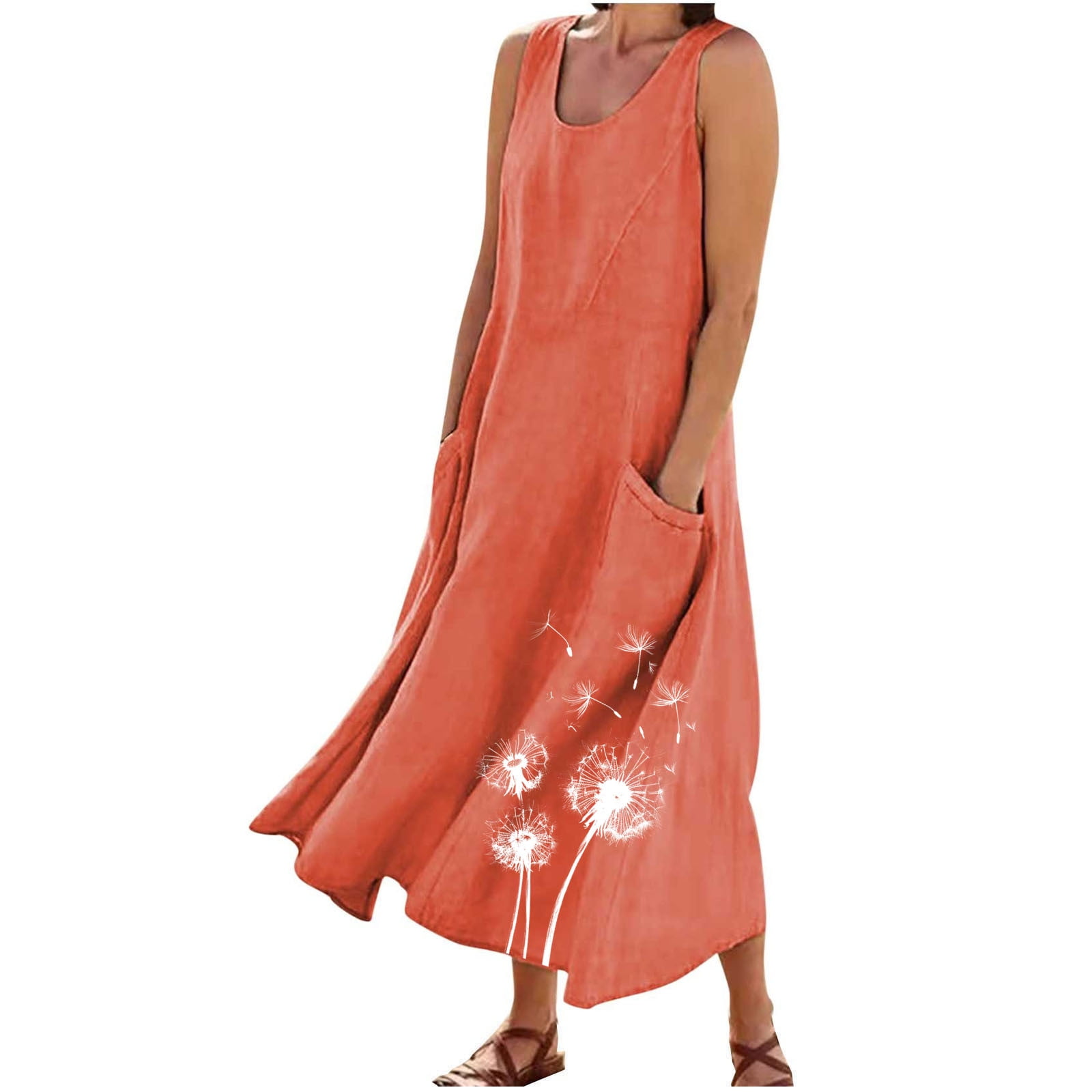 Babcutegg Womens Dress Linen Cotton Crew Neck A Line Beach Wear ...