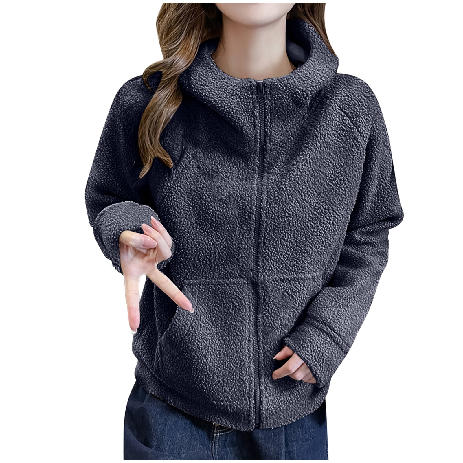 Babcutegg Womens Jackets Side Pockets Hooded Fleece Linked Long Sleeve ...