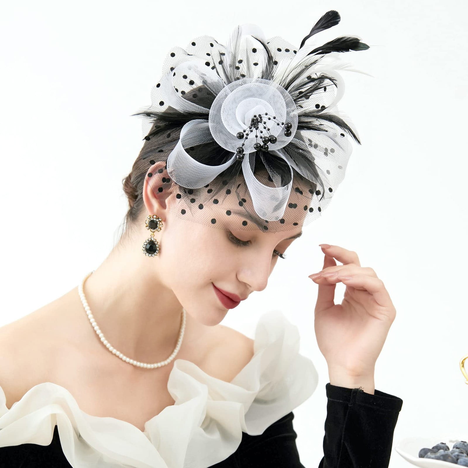 Baberdicy Bridal Hair Clip - Feather & Mesh Fascinator - Wedding ...
