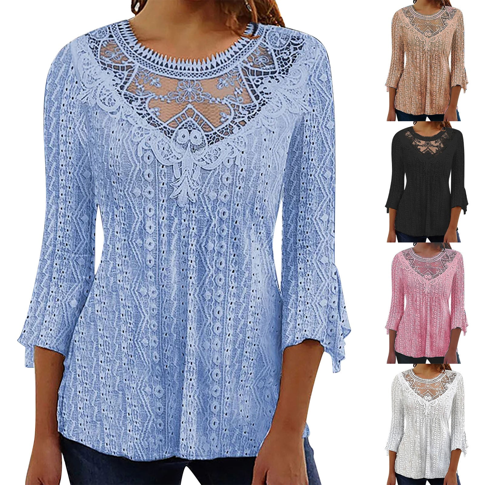 Baberdicy Hollow Lace Stitching Top Women's Lace Tops 3/4 Sleeve Sheer ...