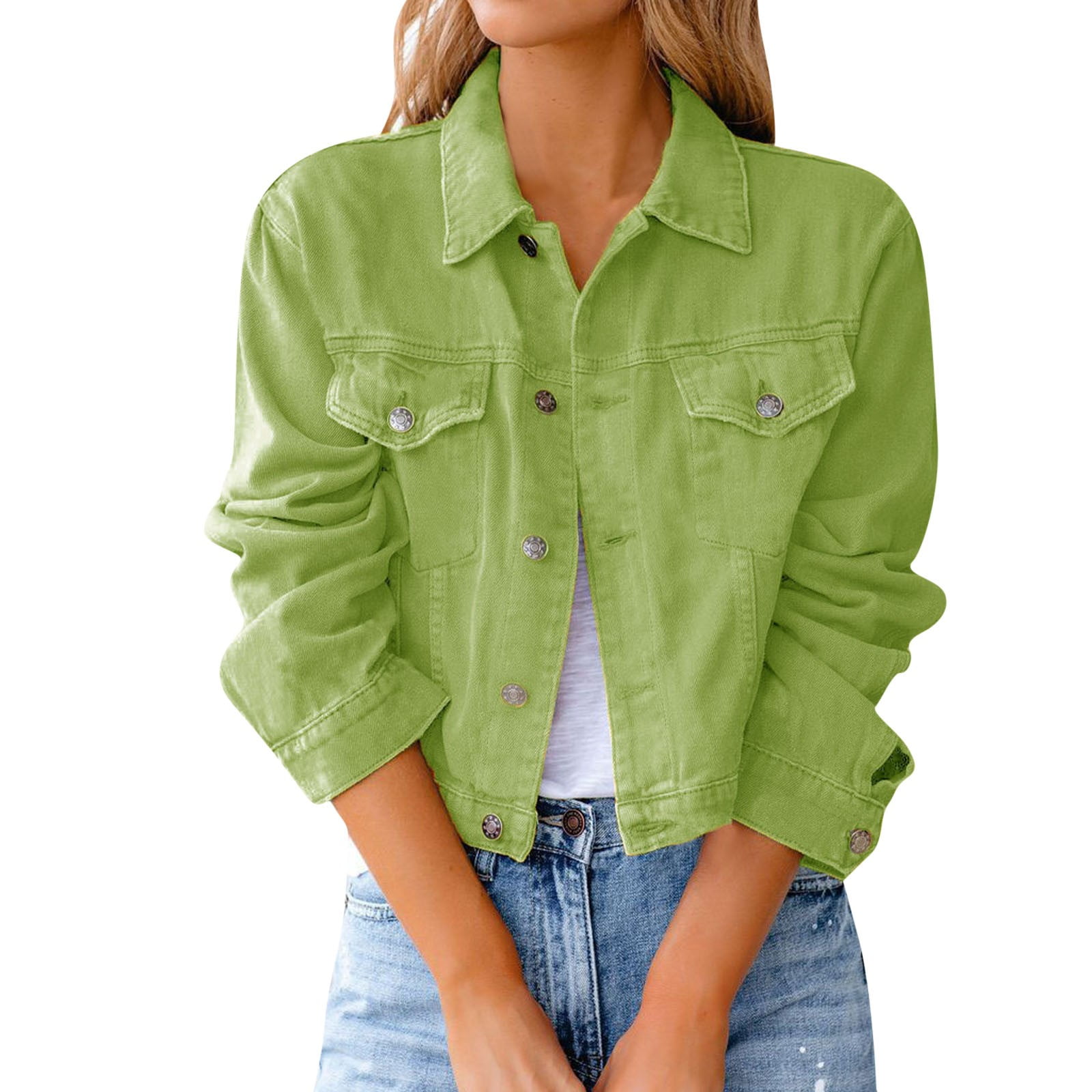 Baberdicy Lady Jacket Women's Basic Solid Color Button Down Denim ...