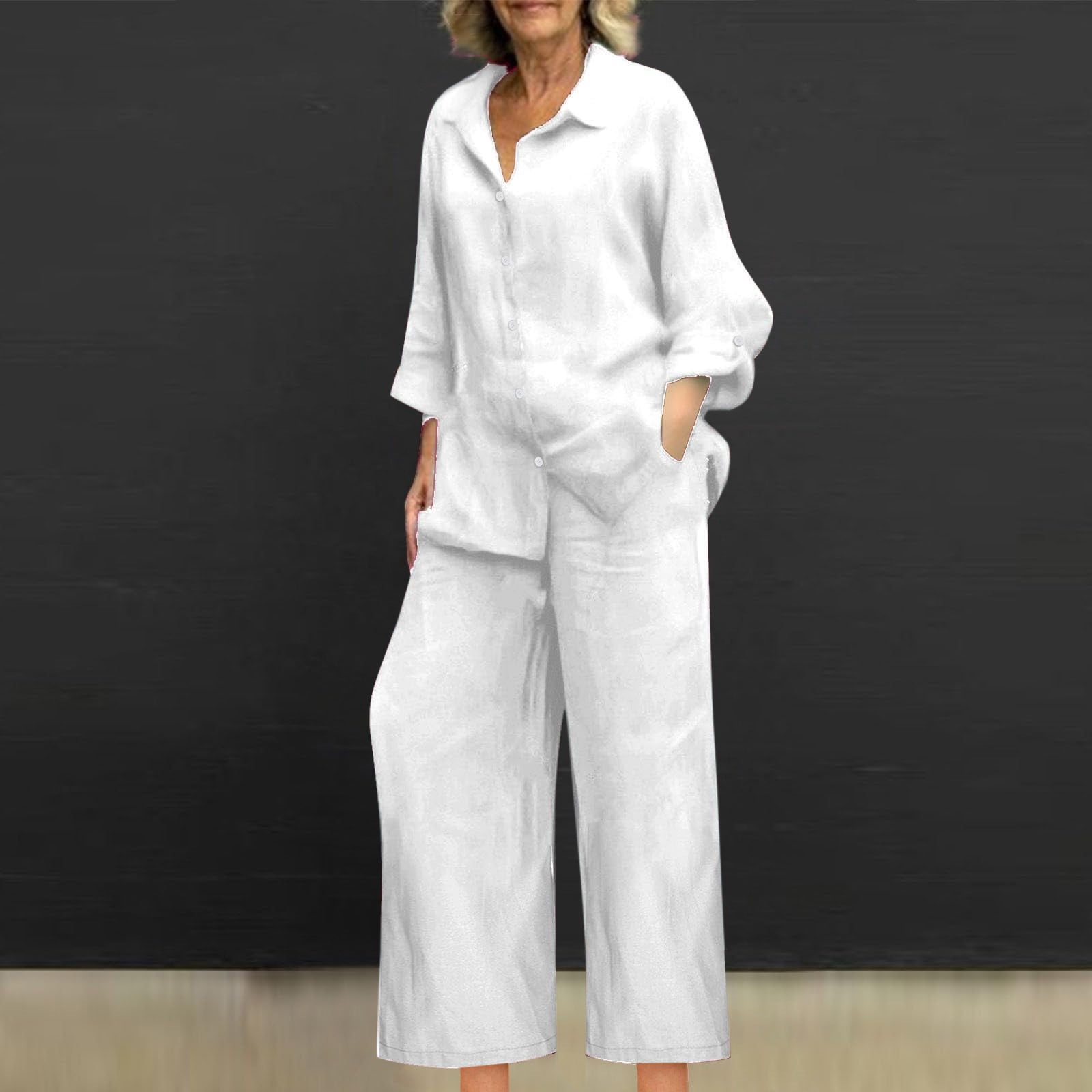 Baberdicy Linen Sets for Women 2 Piece - Loose Long Sleeve Shirt & Wide ...
