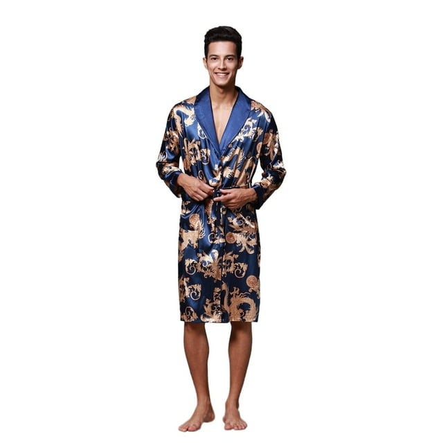 Baberdicy Mens Robe Ice Pajamas Nightgown Silk Silk Men'S Printed Long ...