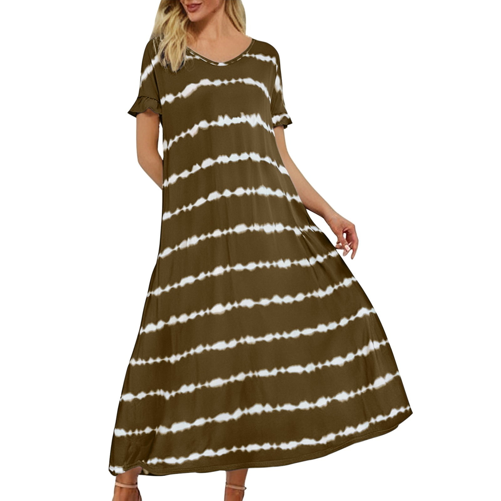 Baberdicy Plus Size Striped Maxi Dress - Summer V-Neck Flutter Sleeve Casual Long Dress, Flowy ...