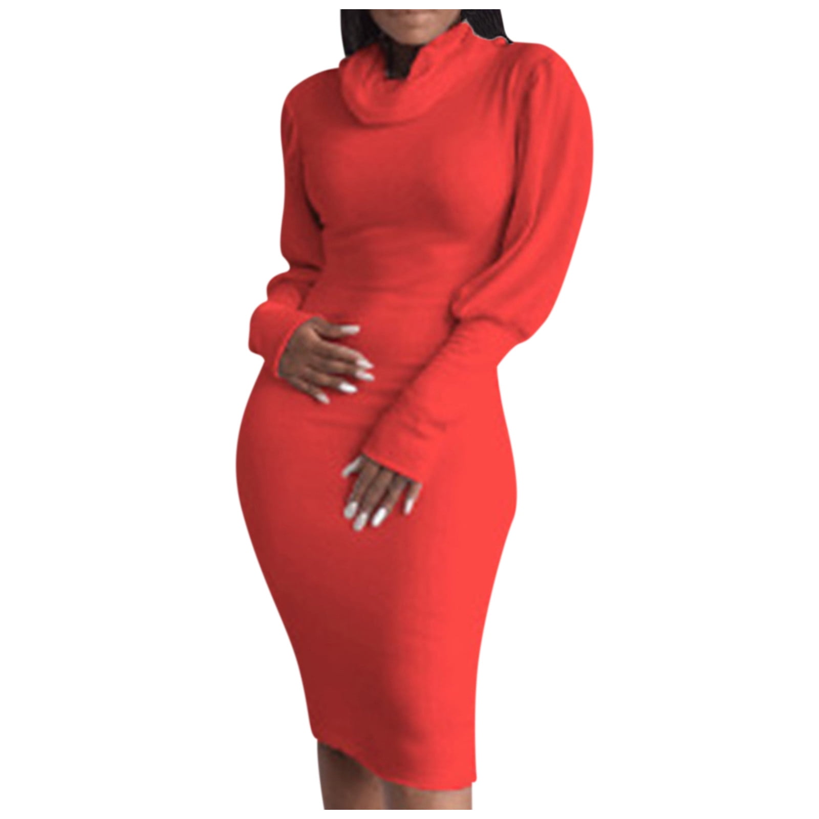 Baberdicy Women Dress Women's Solid Color Dresses High Neck Slim Long ...