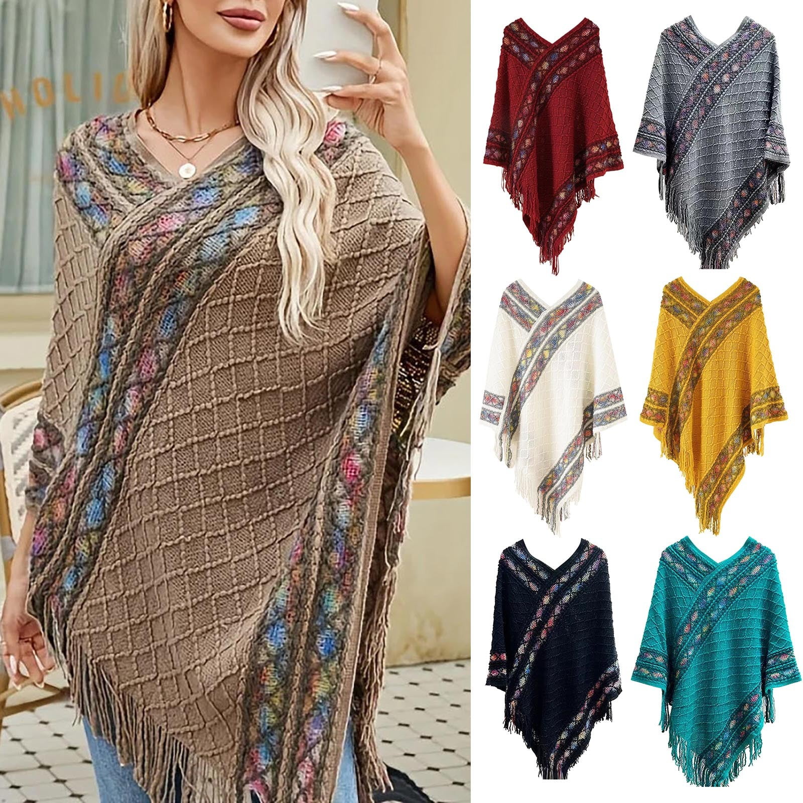 Baberdicy Women's Bohemian Poncho Cape, Tassel Shawl for Music Festival ...