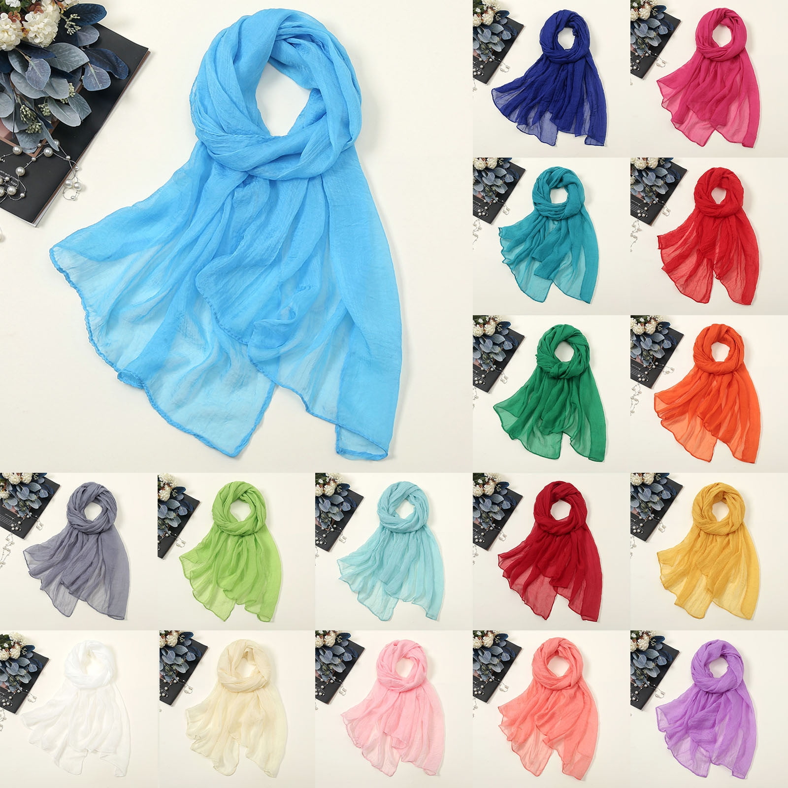 Baberdicy Women's Chiffon Square Scarf, Lightweight Solid Color Silk ...