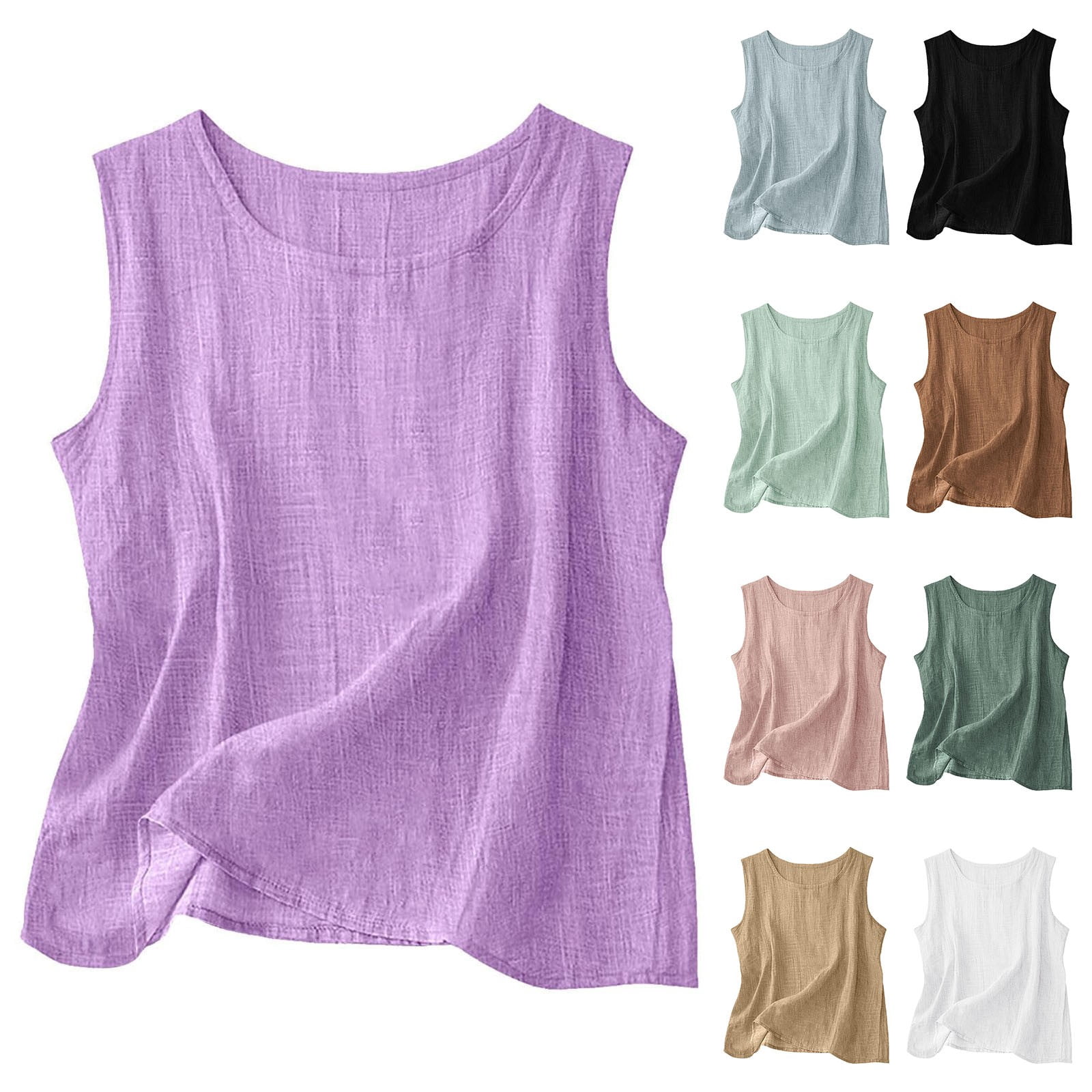 Baberdicy Women's Cotton Linen Tank Tops Sleeveless Round Neck Solid ...