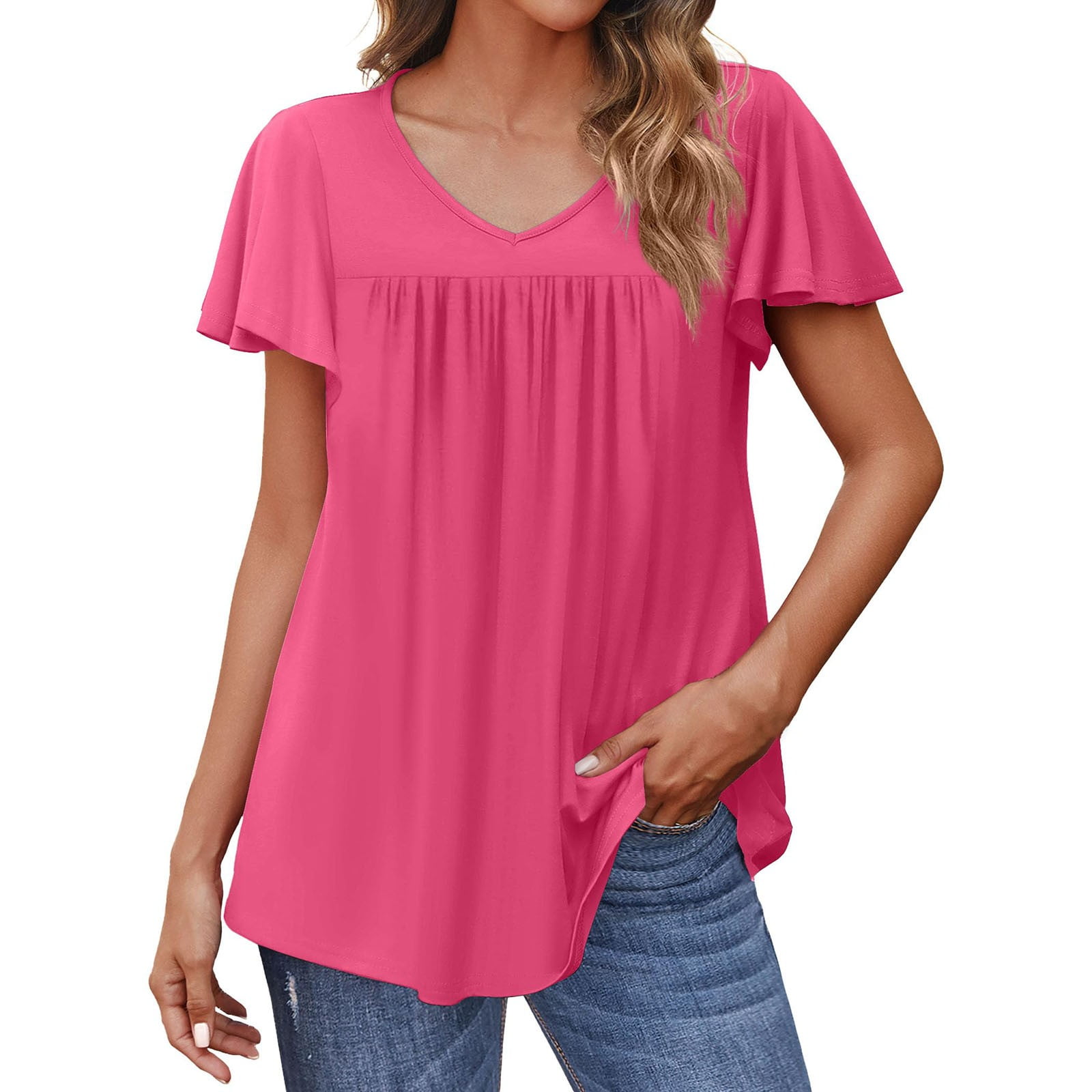 Baberdicy Women's Daily Casual V-Neck Pleated Ruffle Short Sleeve T ...