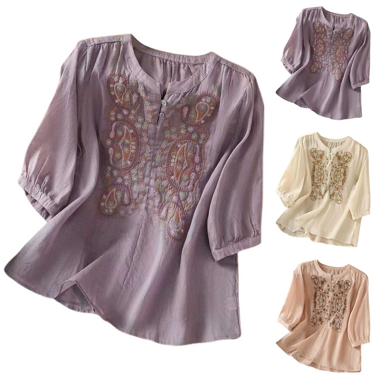 Baberdicy Women's Embroidered Blouses Cotton Linen V Neck 3/4 Sleeve ...