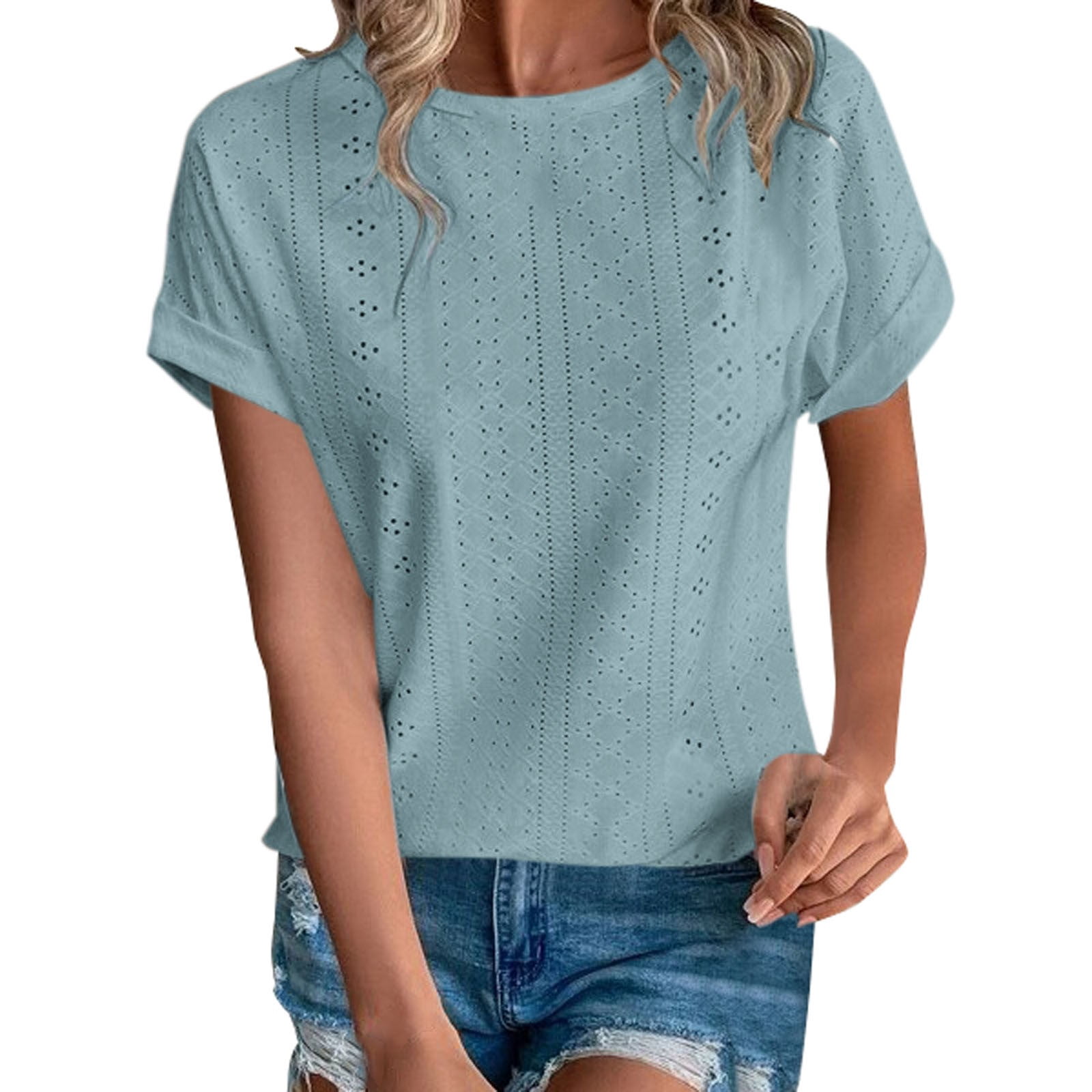 Baberdicy Women's Palace Lock Hollow Round Neck Short Sleeve Eyelet ...