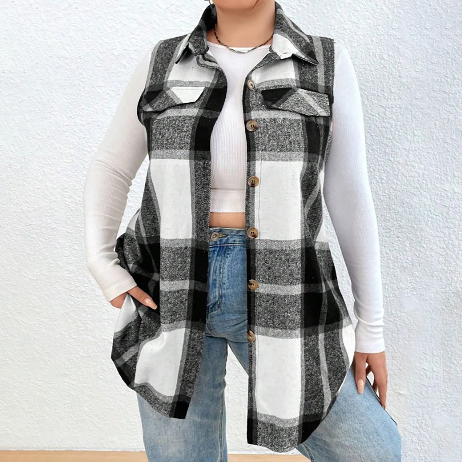 Baberdicy Women's Plaid Sleeveless Shirt Vest, Autumn New Lapel Button ...
