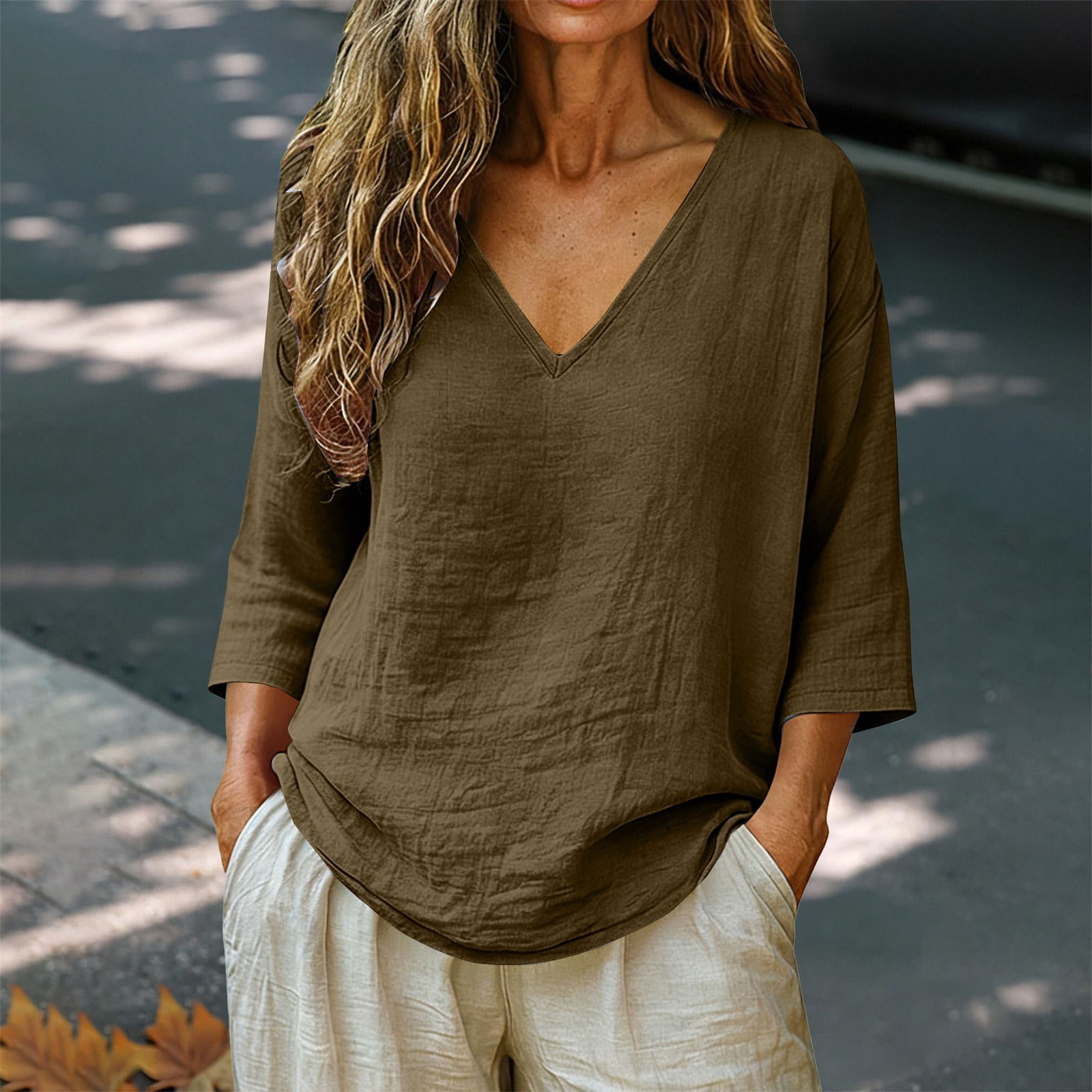 Baberdicy Women's Plus Size Casual V Neck 3/4 Sleeve Linen Blouse Loose ...