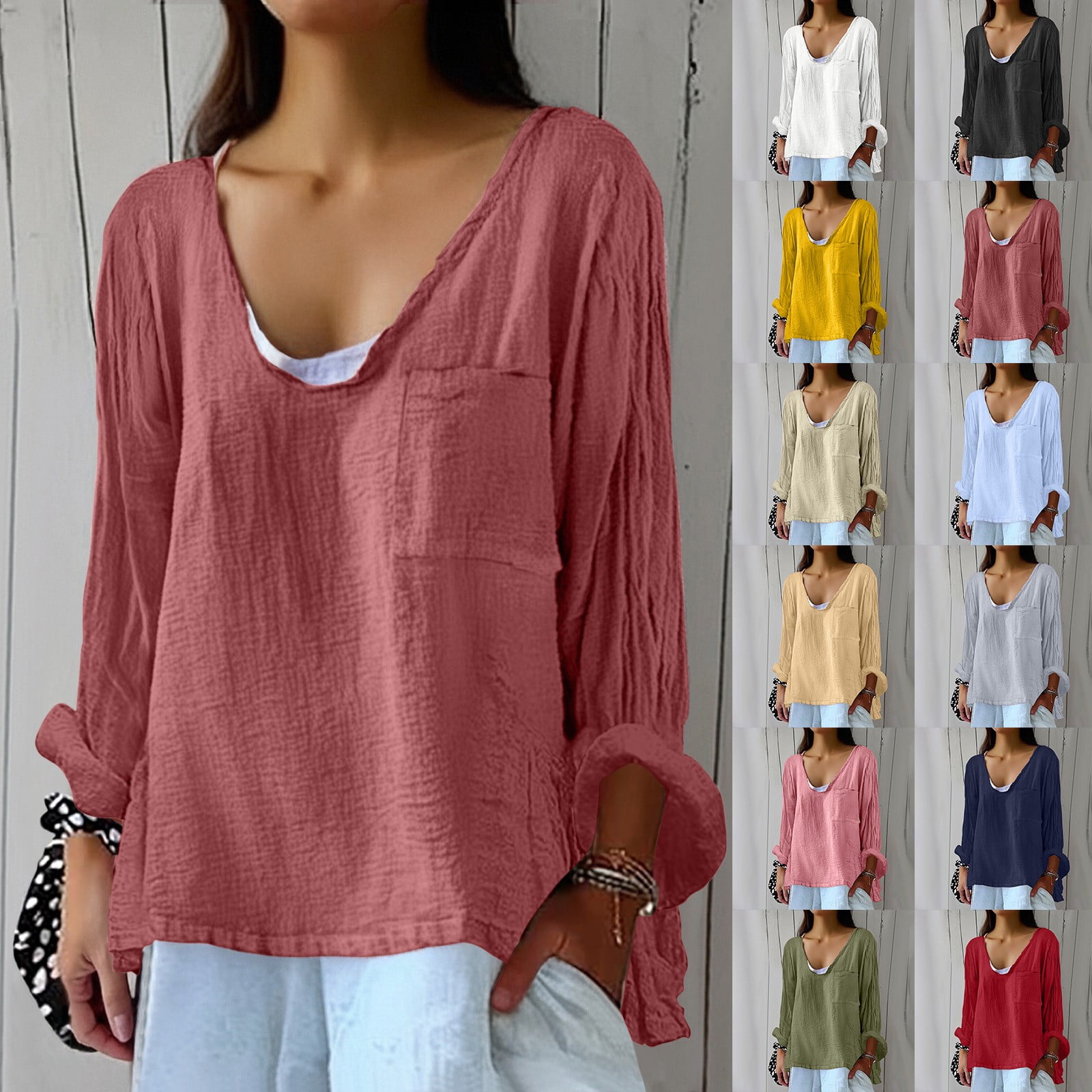 Baberdicy Women's Plus Size Cotton Shirts Long Sleeve Solid Color Loose ...