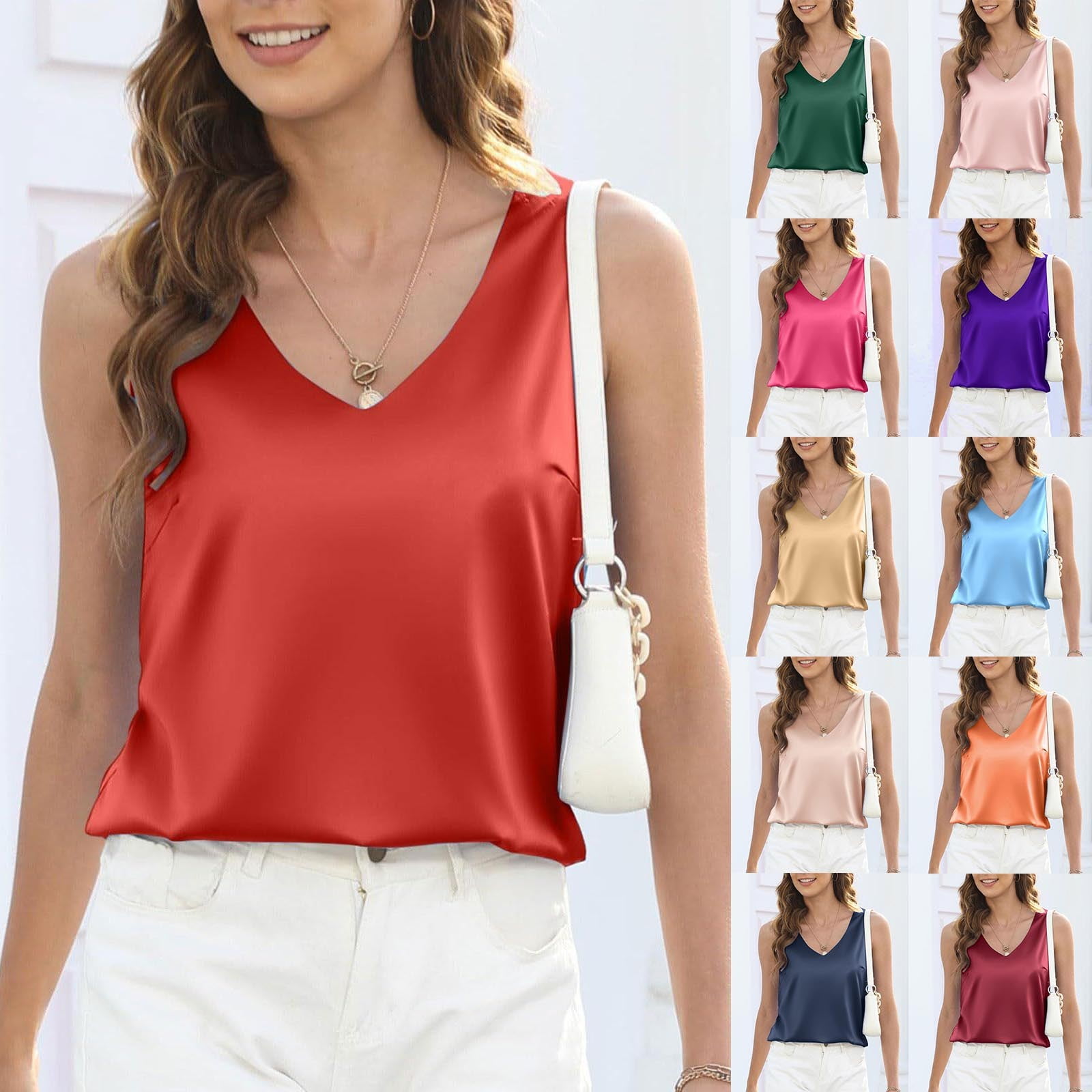 Baberdicy Women's Satin Tank Tops V Neck Sleeveless Solid Color Silky ...
