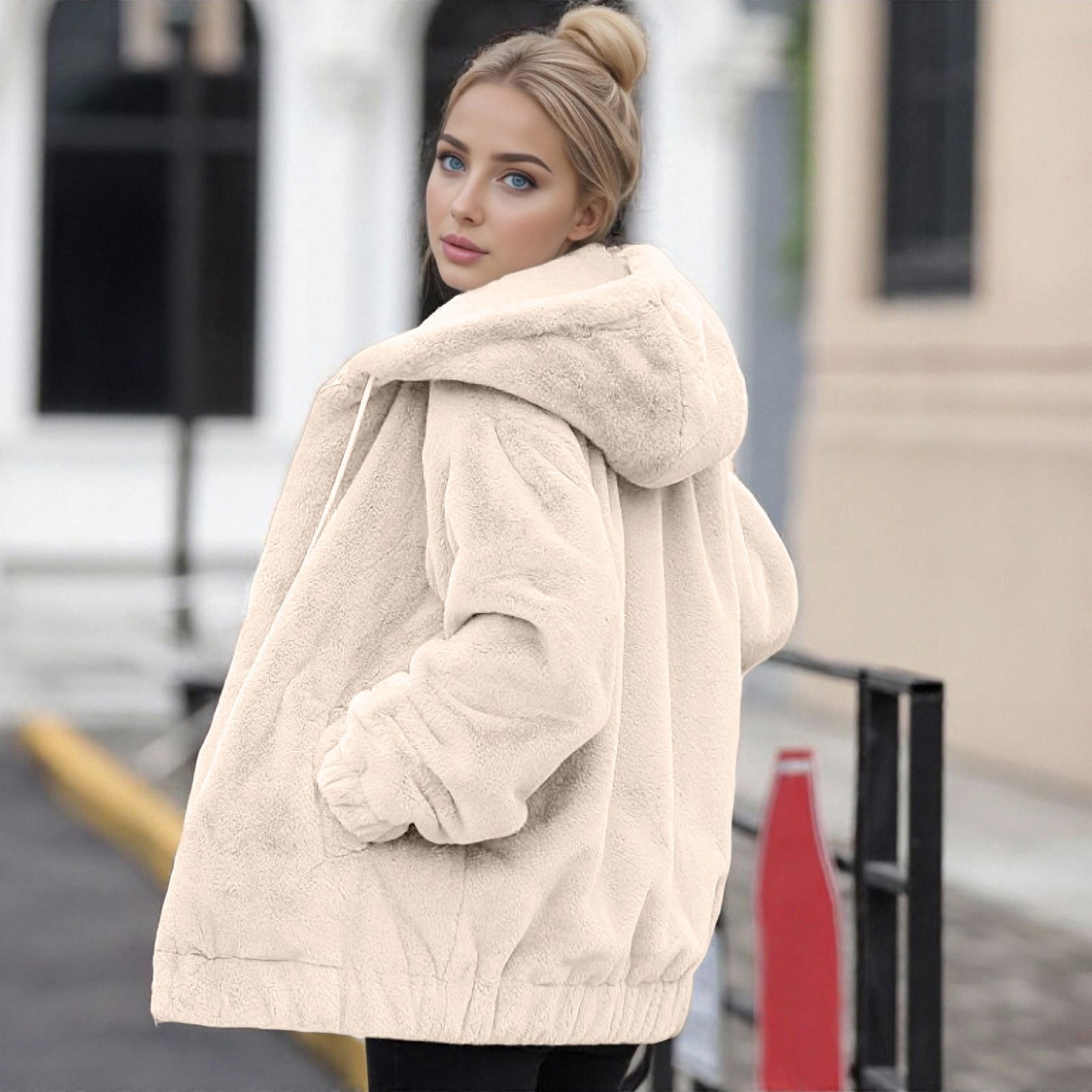 Baberdicy Women's Short Plush Fleece Jacket, Lapel Open Front Fuzzy ...