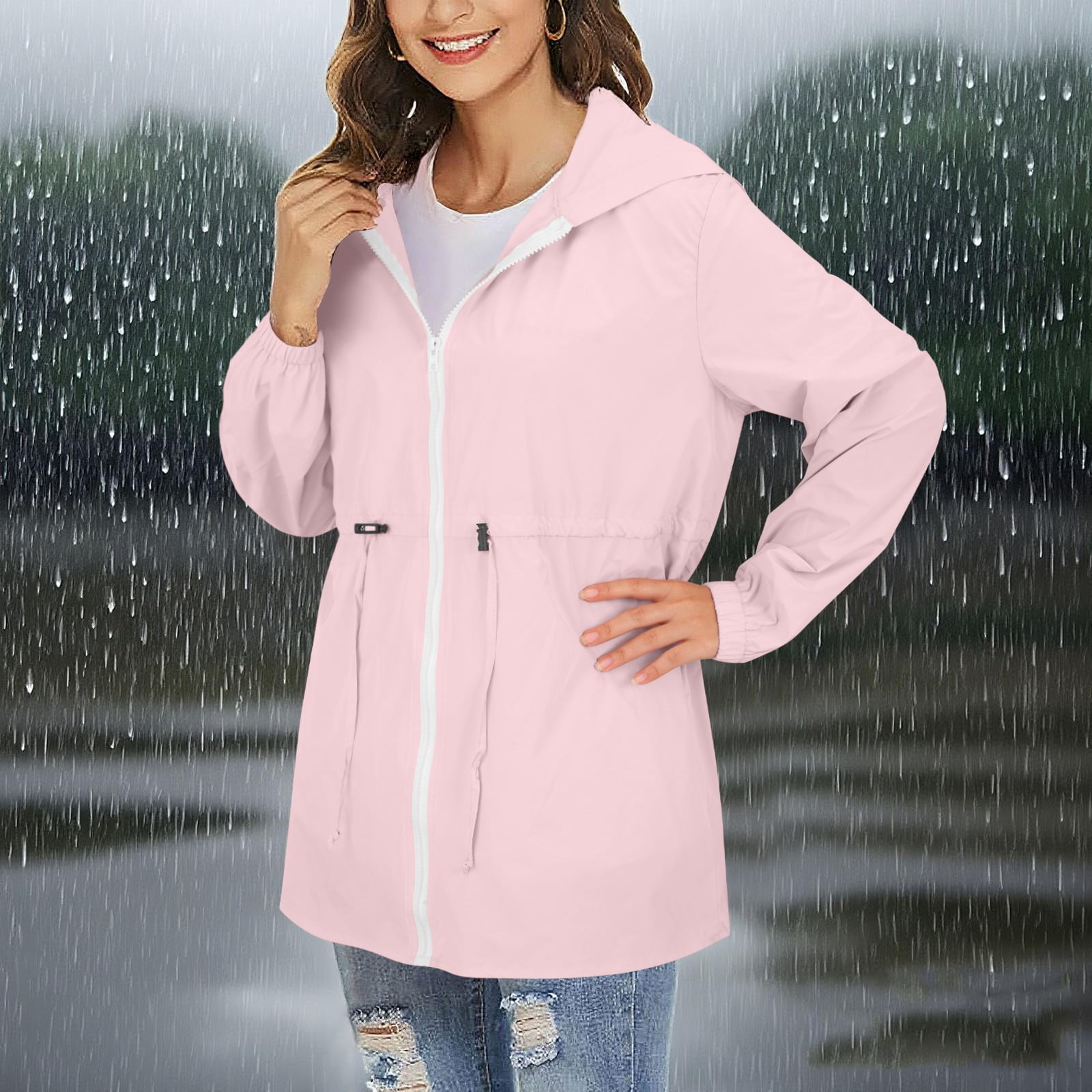 Baberdicy Women's Solid Color Rain Jacket, Lightweight Fitted Sports ...