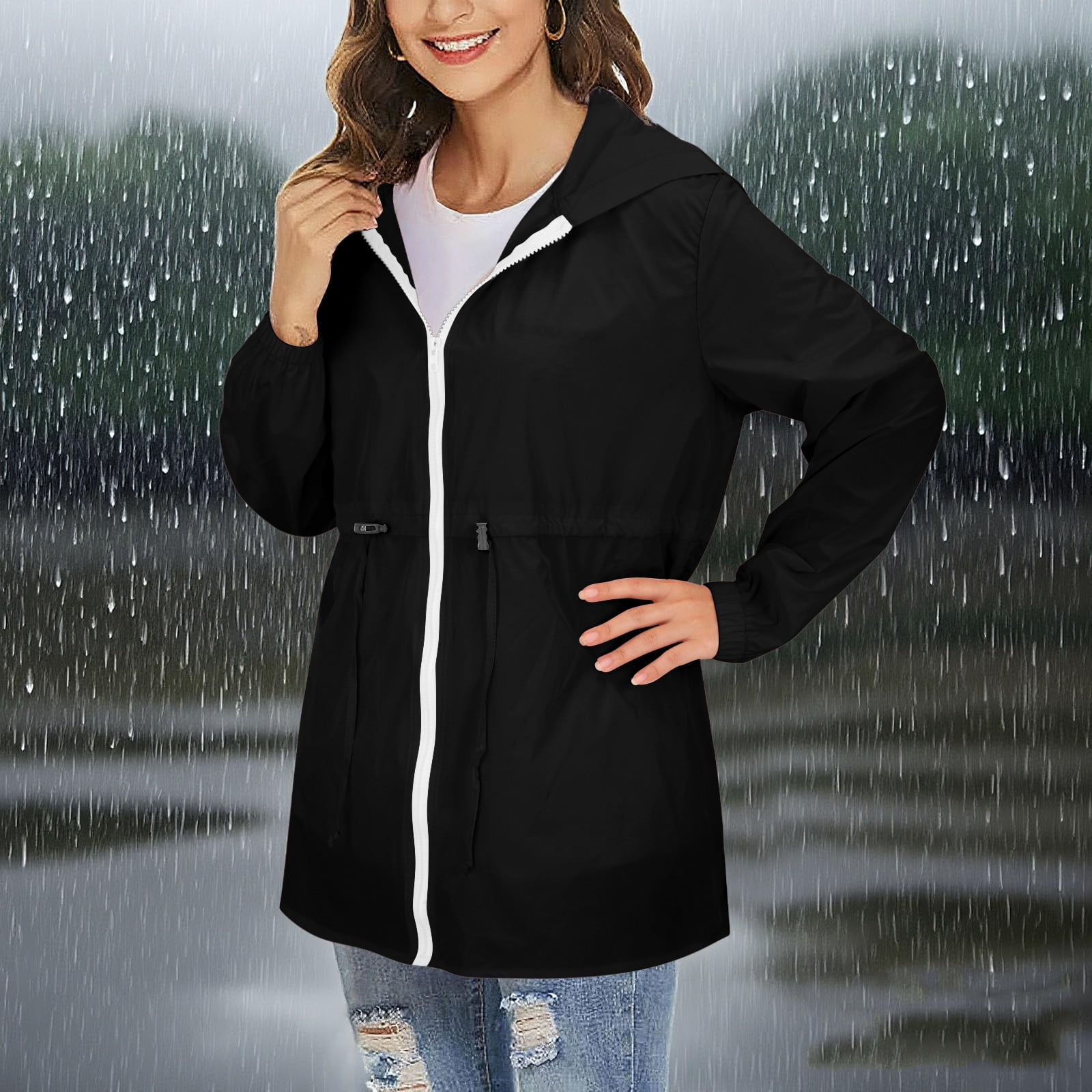 Baberdicy Women's Solid Color Rain Jacket, Lightweight Fitted Sports ...