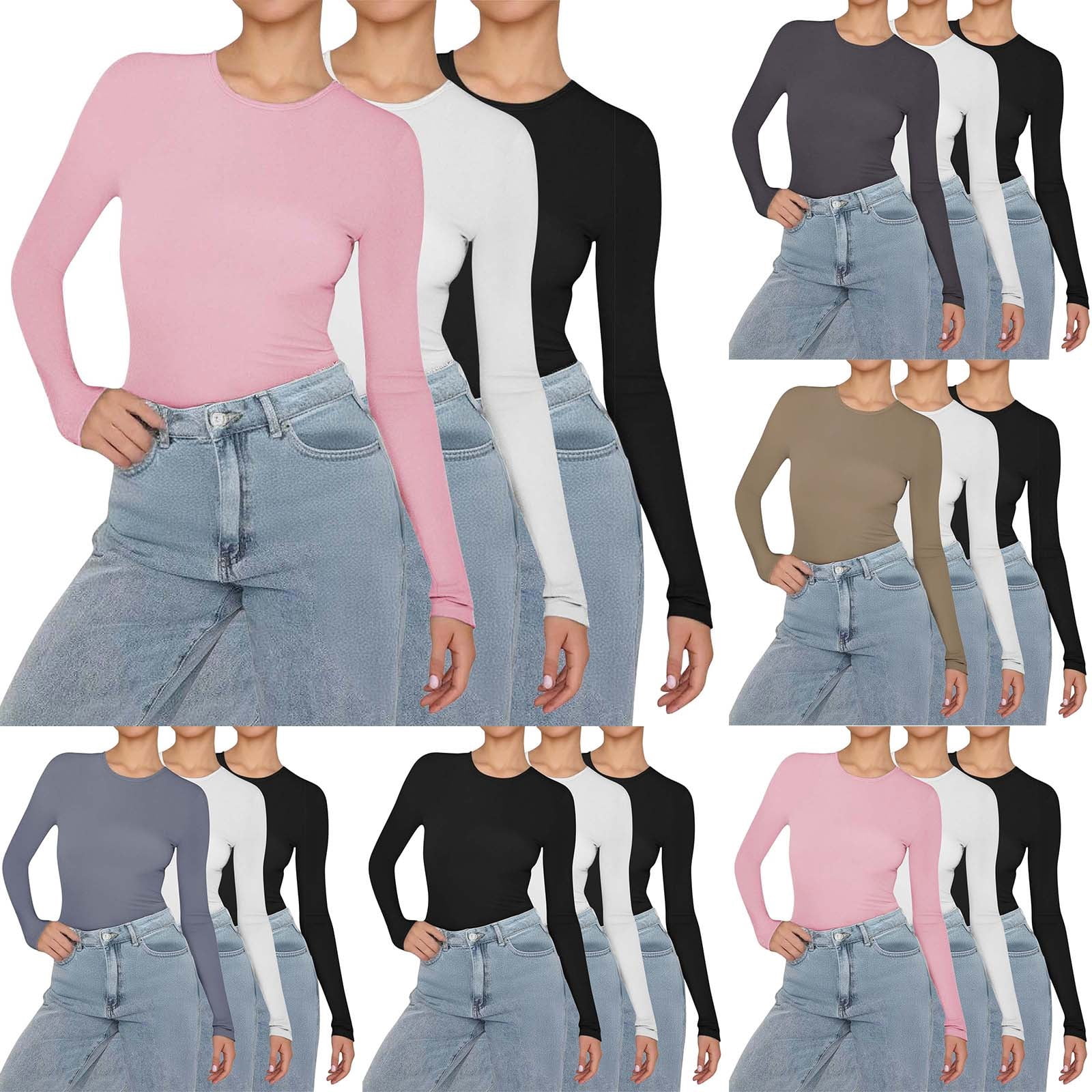 Baberdicy Women's T Shirts 3 Pack Long Sleeve Round Neck Solid Color ...