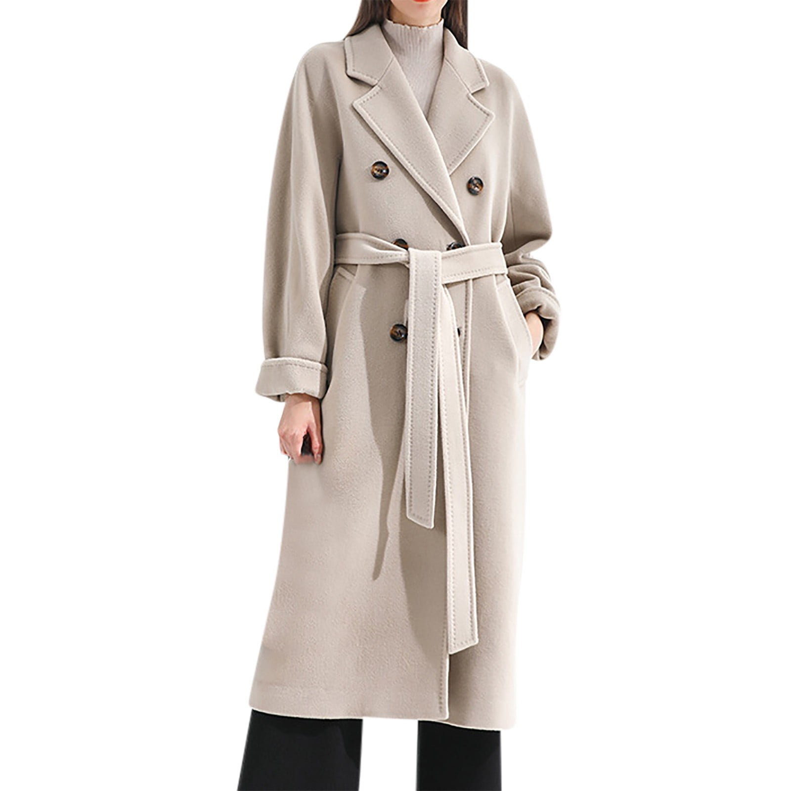 Baberdicy Woolen Coat Womens Fit Mid Long Double Breasted Coat Lapel ...