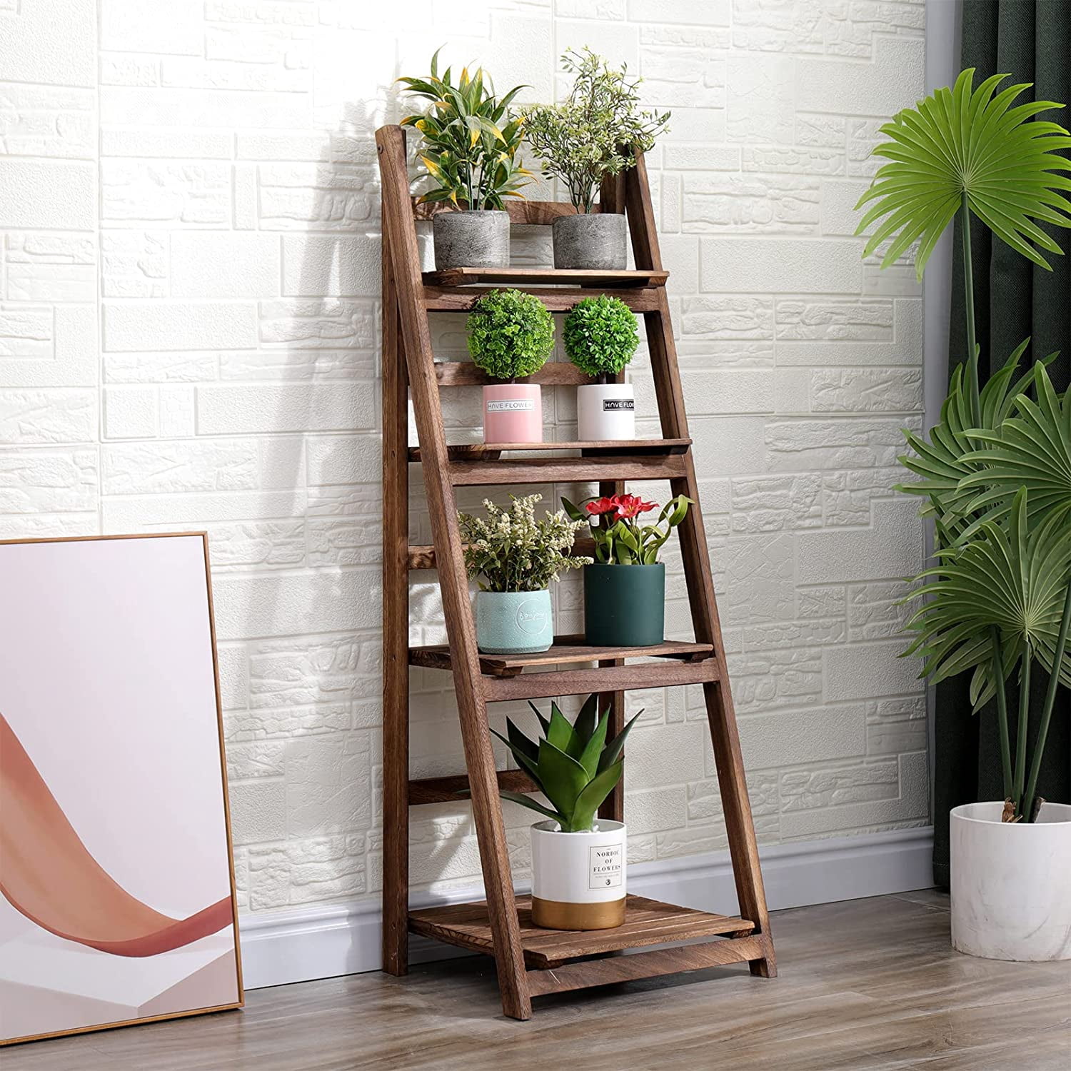 Babion 4-Tier Ladder Shelf, Brown Wooden Folding Shelf, Stable A-Shaped ...