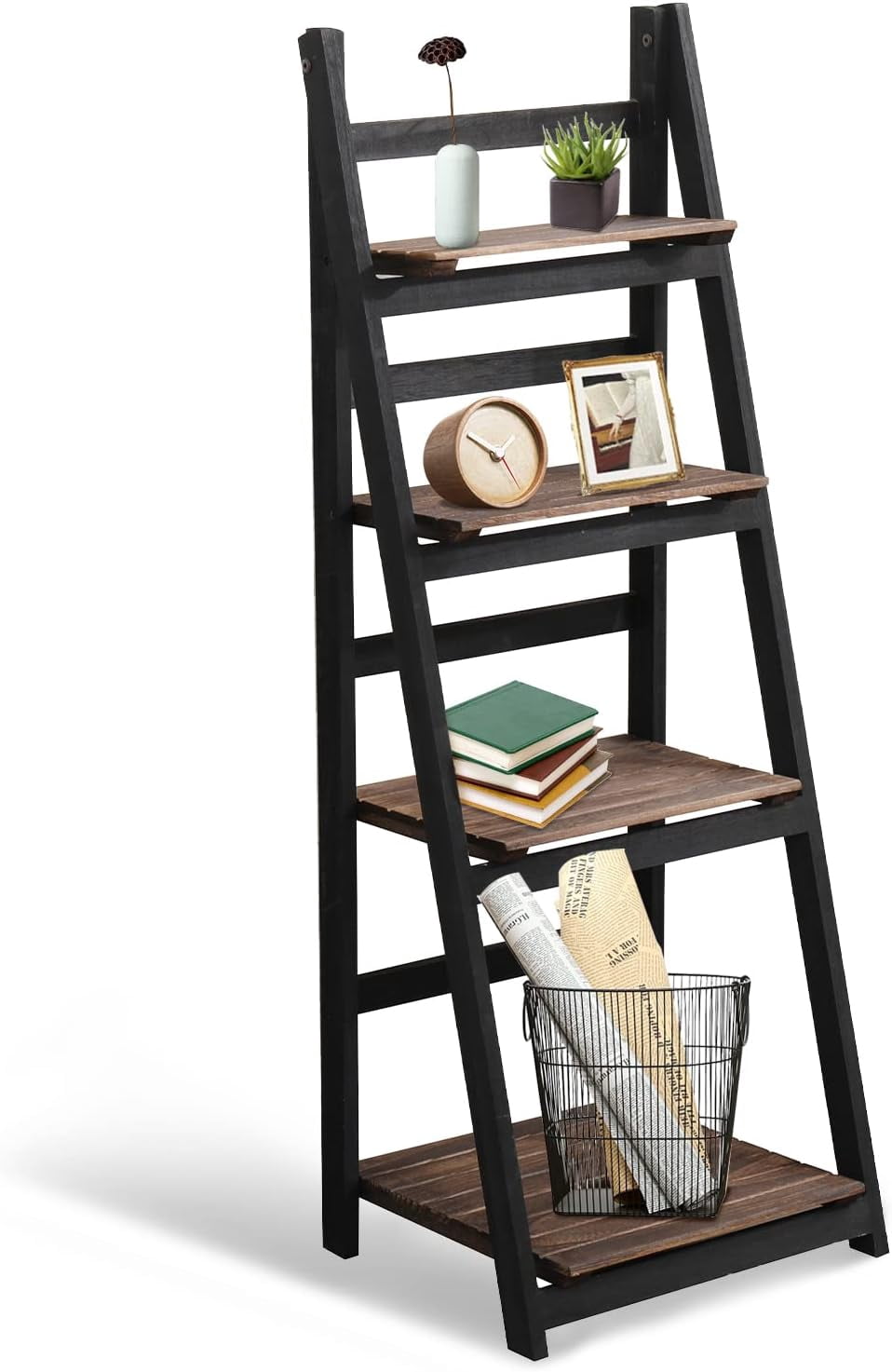 Babion 4-Tier Ladder Shelf Industrial Bookshelves Ladder Bookcase ...