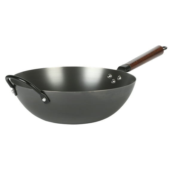 Carbon Steel Wok 13-Inch Wok Pan with Glass Cover Silicone Spatula, Non ...