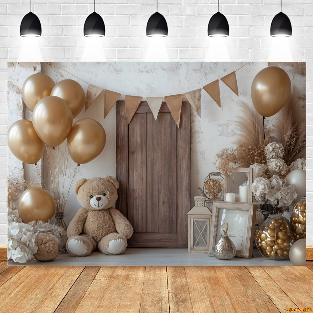 Baby 1st Birthday Backdrop Bohemian Pampas Toy Bear Brown Arch Balloon ...