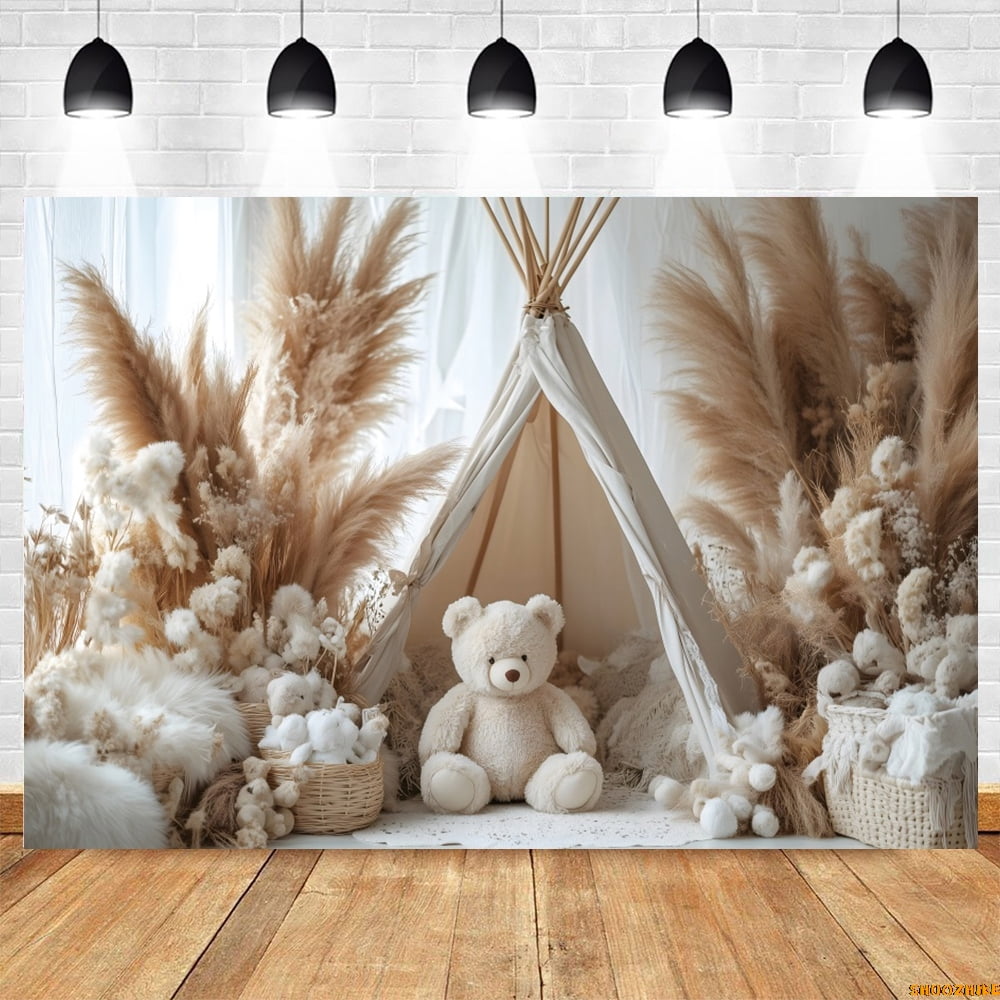 Baby 1st Birthday Backdrop Bohemian Pampas Toy Bear Brown Arch Balloon ...