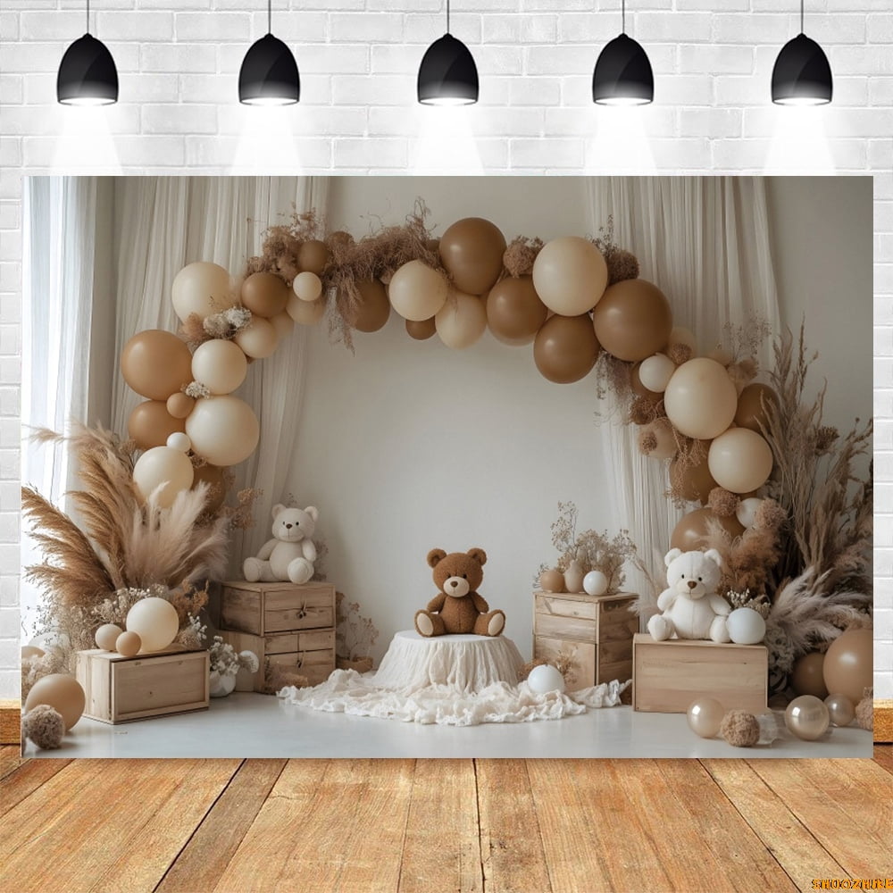 Baby 1st Birthday Backdrop Bohemian Pampas Toy Bear Brown Arch Balloon ...
