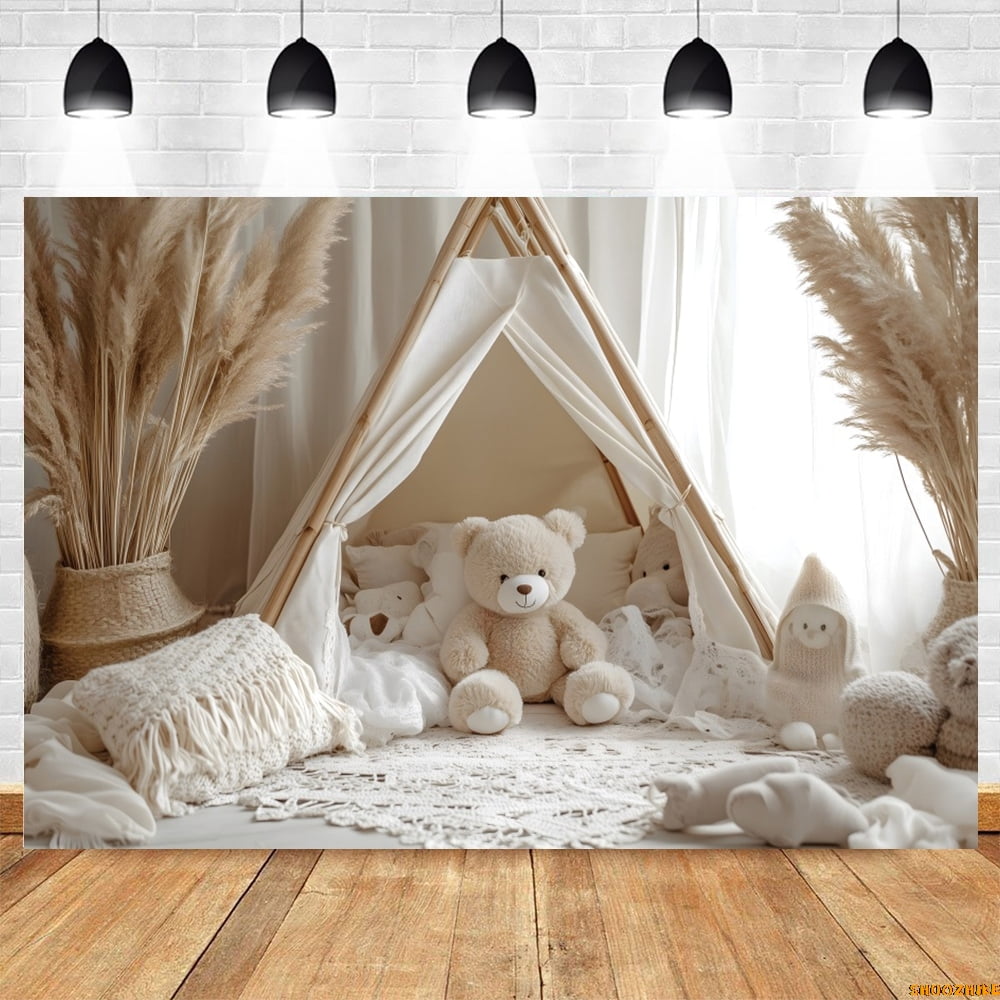 Baby 1st Birthday Backdrop Bohemian Pampas Toy Bear Brown Arch Balloon ...