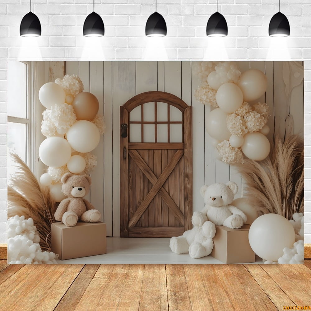 Baby 1st Birthday Backdrop Bohemian Pampas Toy Bear Brown Arch Balloon ...