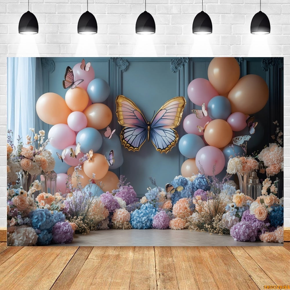 Baby 1st Birthday Photography Backdrop r Butterfly Balloons Arch Cake ...