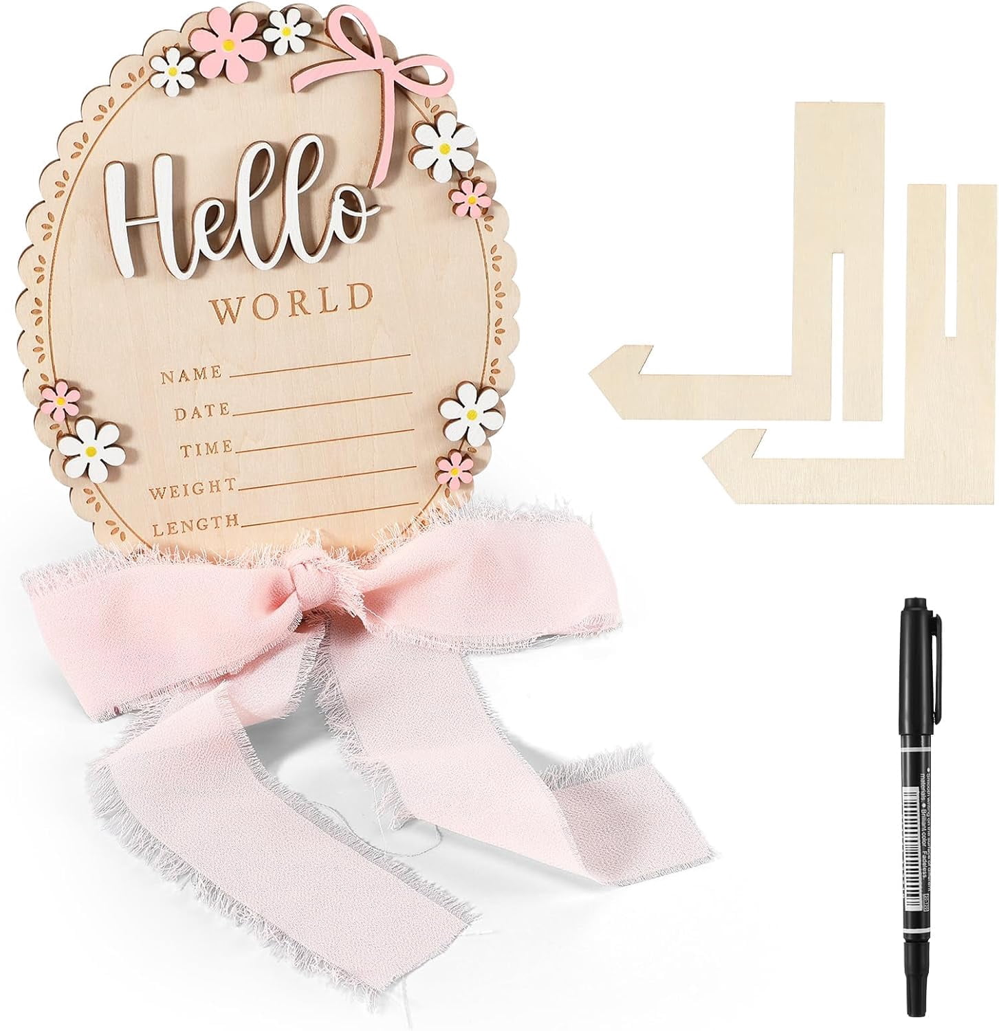 Baby Announcement Sign, Wooden Hello World Newborn Welcome Bow Birth ...