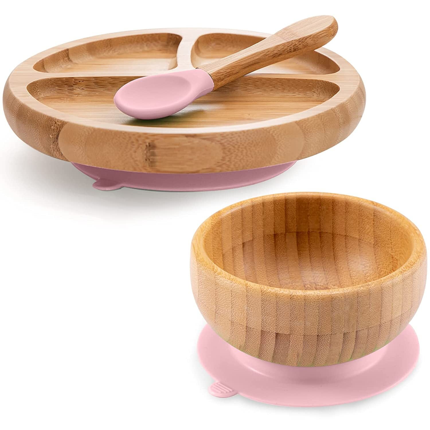 Baby Bamboo Plates, Bowls with Suction and Spoon Set - 3PC; Feeding ...
