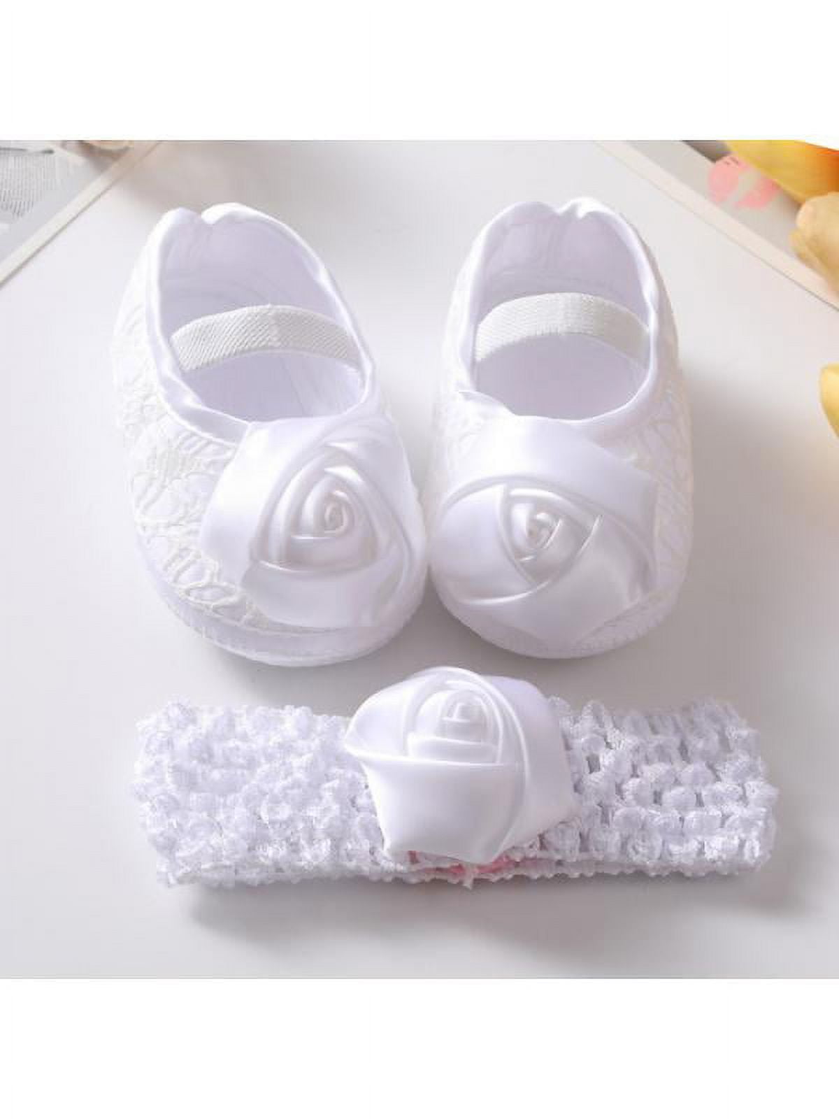 Baby Baptism Shoes And Headband Set Soft Sole Floral Flats And Hair ...