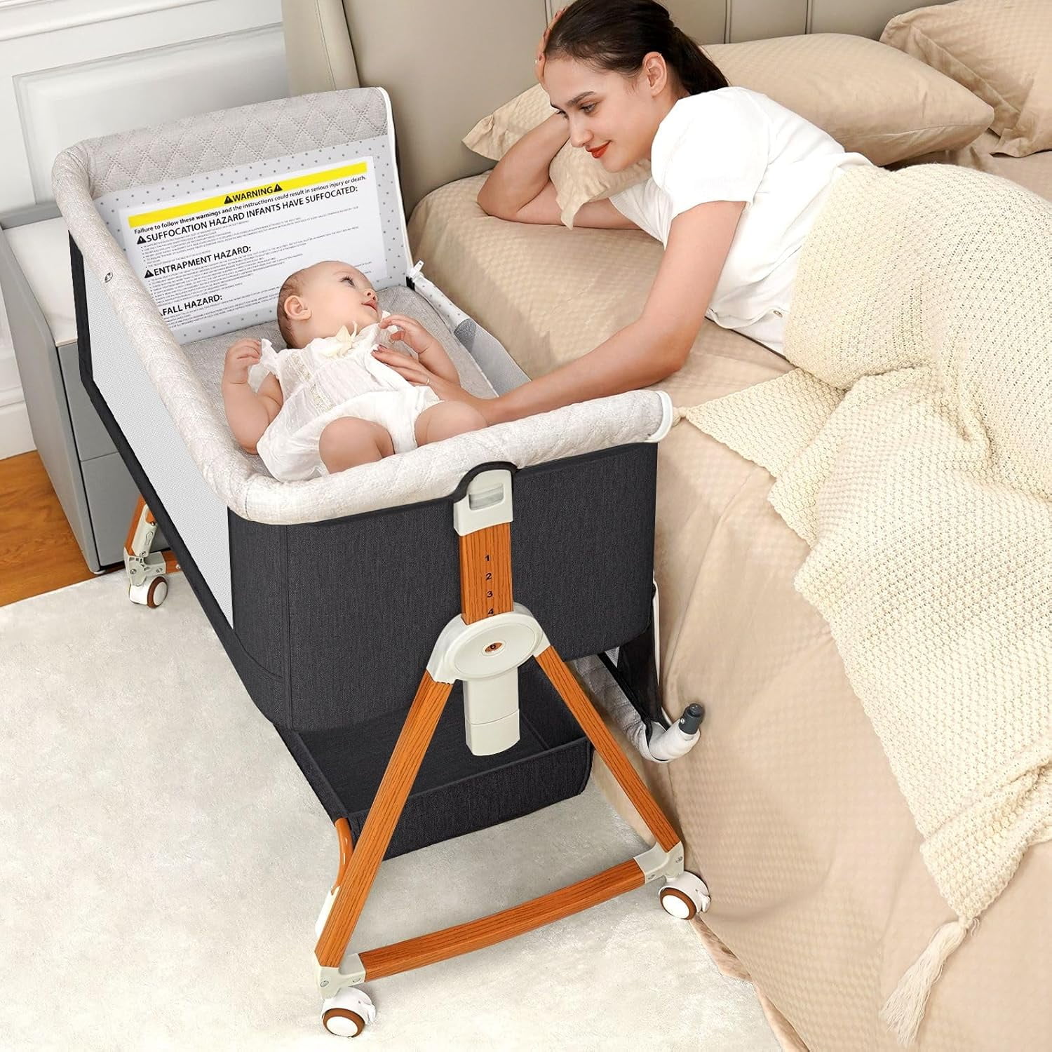 Baby Bassinet,3 in 1 Foldable Portable Crib,6 Adjustable Height,with ...